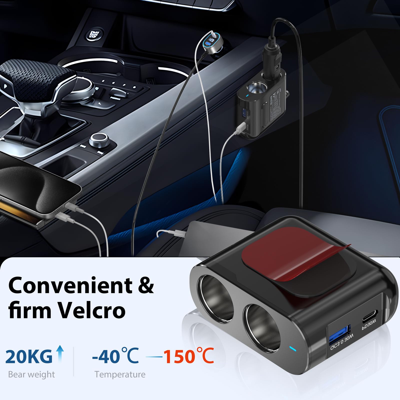 Qidoe 200W 12V/24V Car Power DC Outlet Splitter adapter [Upgraded Version] Quick Charge 3.0 and PD65W USB-C Cigarette Lighter Splitter