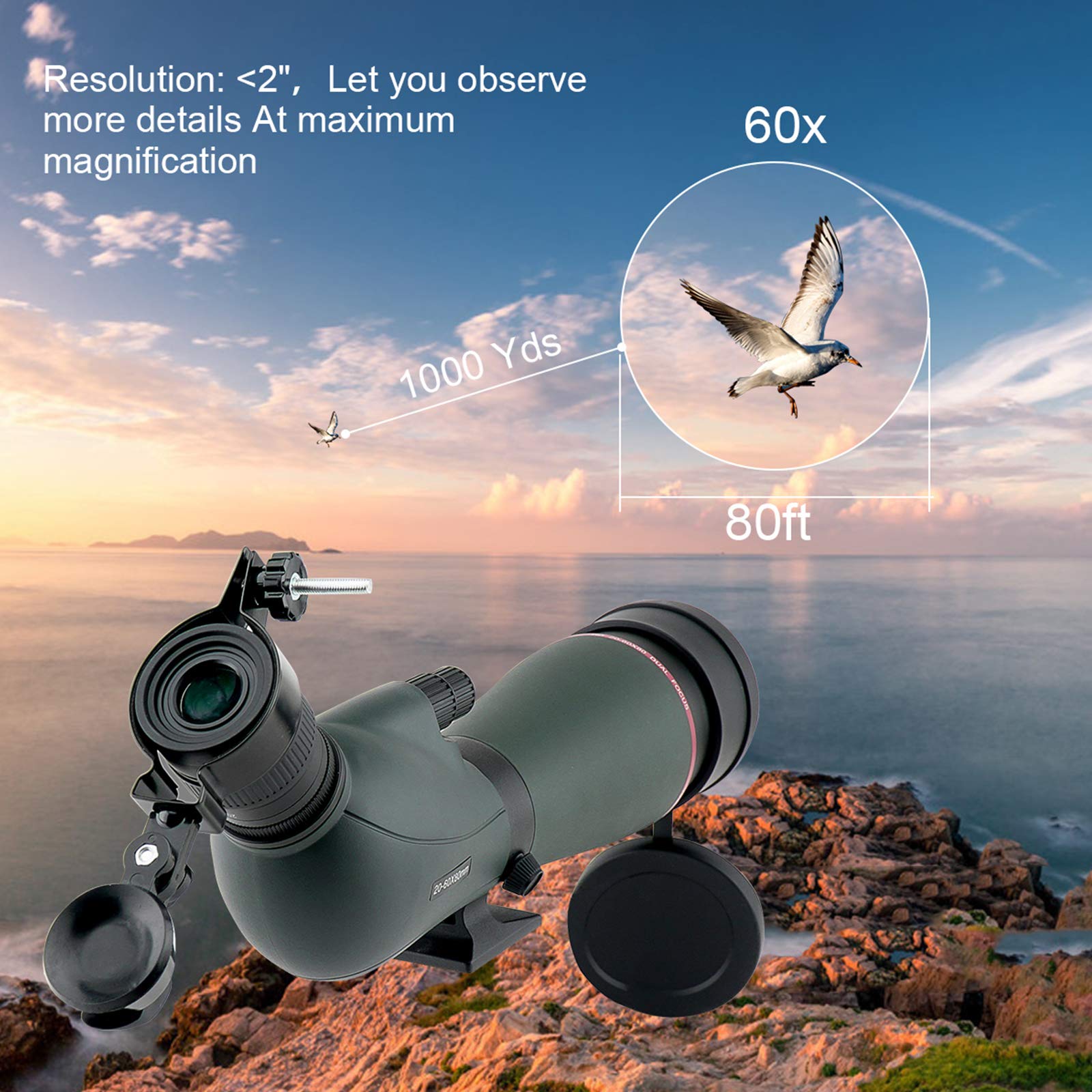 SVBONY SV406 20-60x80 Spotting Scopes with Phone Adapter Dual Focus Spotting Scope IPX7 Waterproof Spotter Scope Long Range Scope Sporting Scope for Birding Hunting Target Shooting