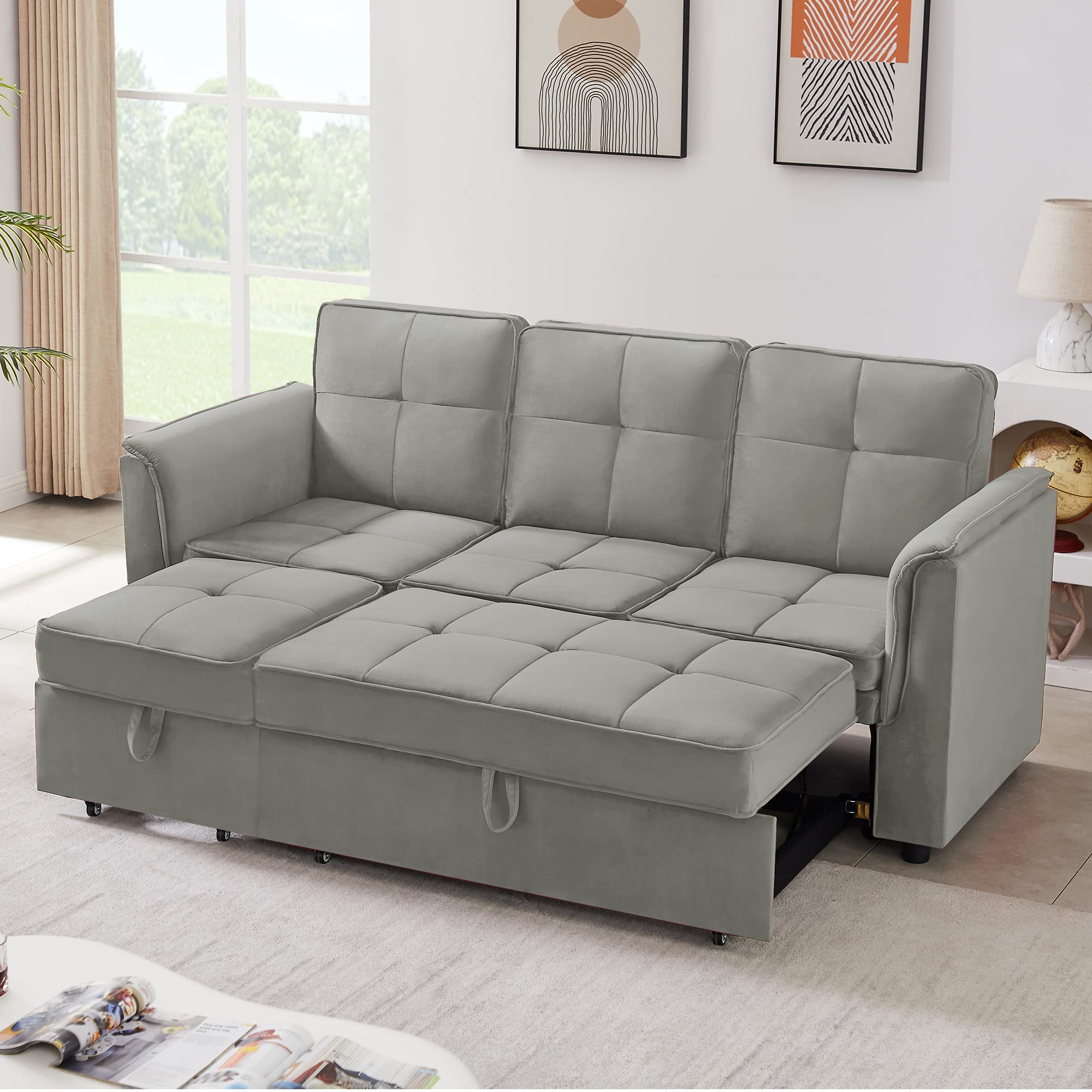 PHOYAL Combination Sofa Bed, Pull-Out Sofa 3 Seater Couch Sofa Upholstered L-Shaped 3-Seat Sleeper Sofa Pull Out Sleeper Pull Out Sofa Bed Couch for Living Room (Grey)
