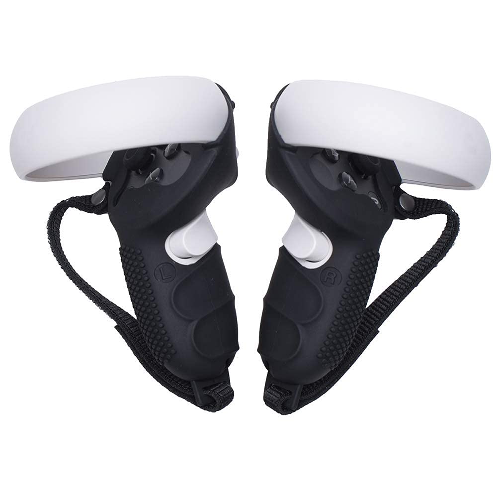 SINWEVR Touch Controller Grip Cover Compatible for Meta/Oculus Quest 2, Anti-Throw Handle Protecting Sleeve Quest 2 Accessories with Adjustable Knuckle Strap (Black - Rabbit)