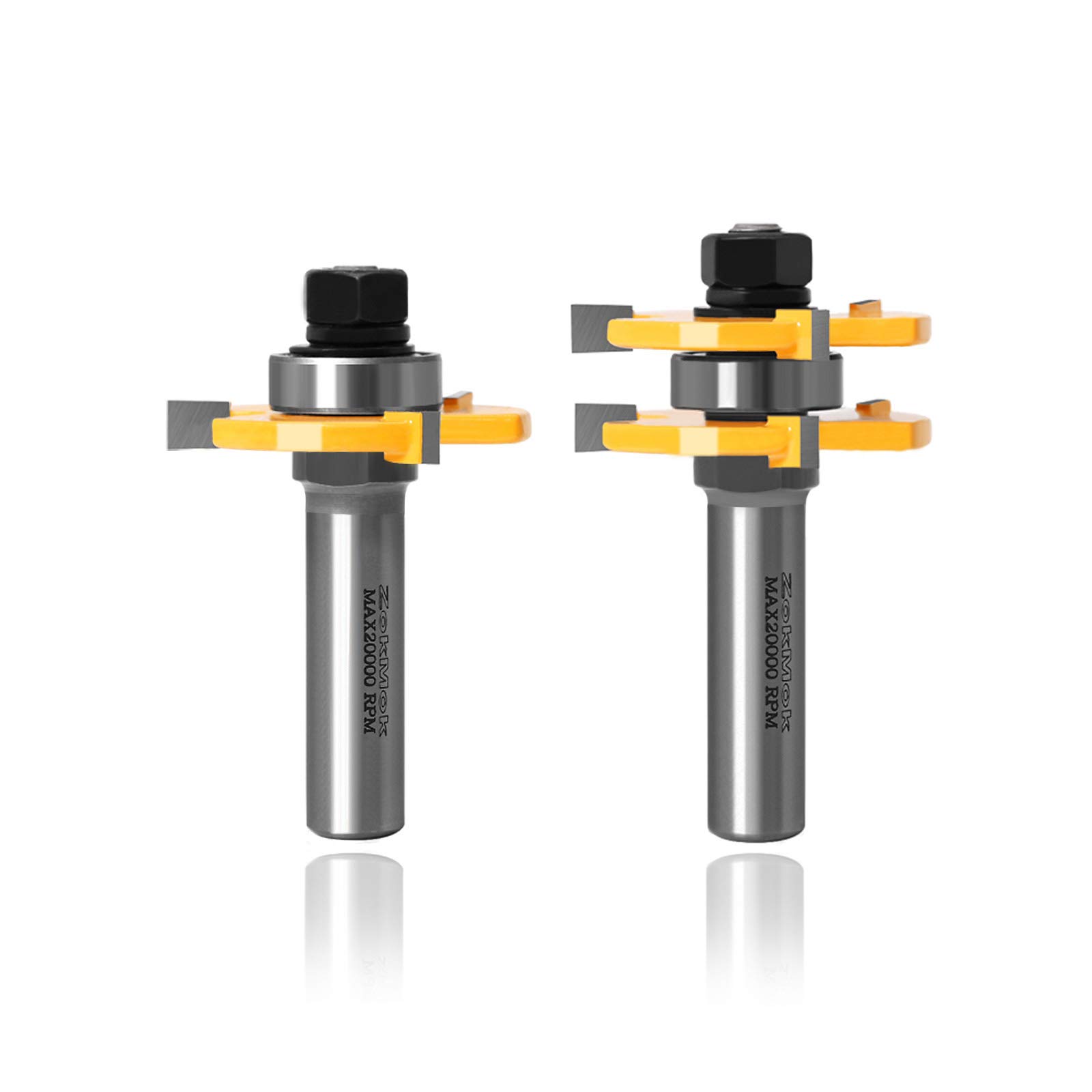 Tongue and Groove Router Bits Set, ZOKMOK Plus 3 Teeth Adjustable T Shape Router Bits Set, 1/2'' Shank, 1/4'' Cutter