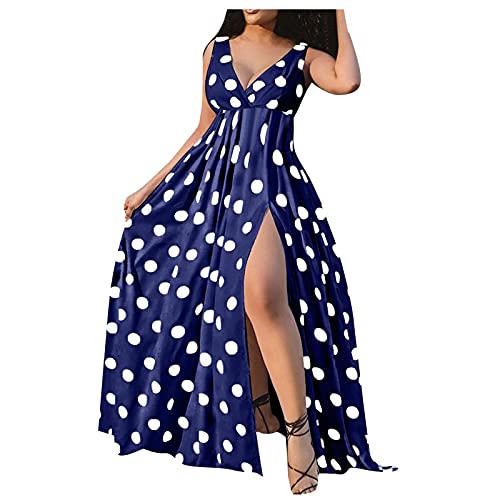 Women Polk Dot & Floral Long Dress Deep V Neck Printed High Wasited Side High Split Maxi Dress for Summer Navy