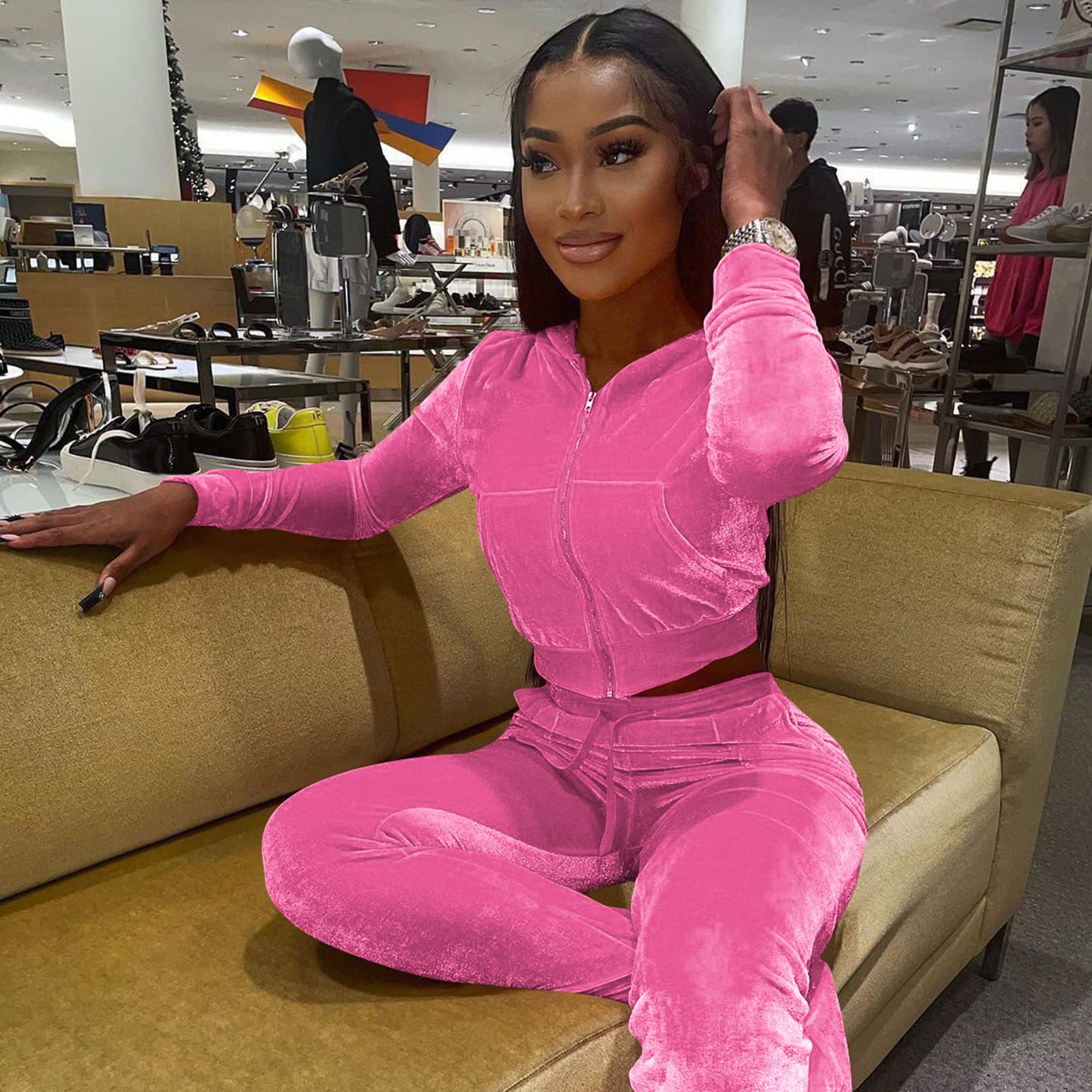 Womens Velour Hoodie Jogger Tracksuit Two Piece Outfits for Women, Long Sleeve Full-Zip Up Crop Tops Jacket Flared Pants Matching Set Sportswear Jogging Sweatsuit Pockets Patchwork Glitter Stripe