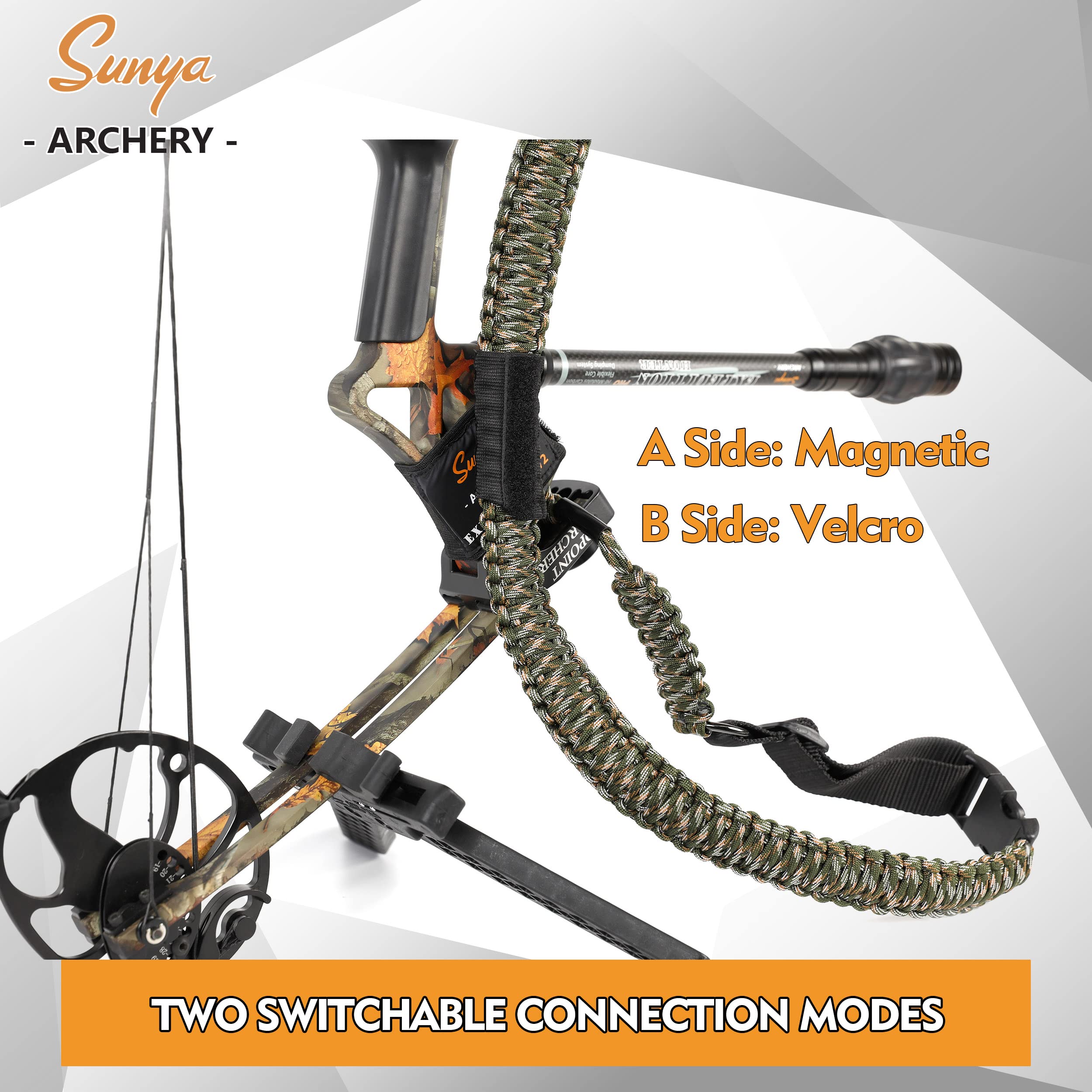 Sunya Paracord Compound Bow Sling with V2 Upgraded Magnetic Connection System. Lightweight Hands Free Shoulder Carrying Sling for Bow Hunting, Field Archery and 3D(Blackout)