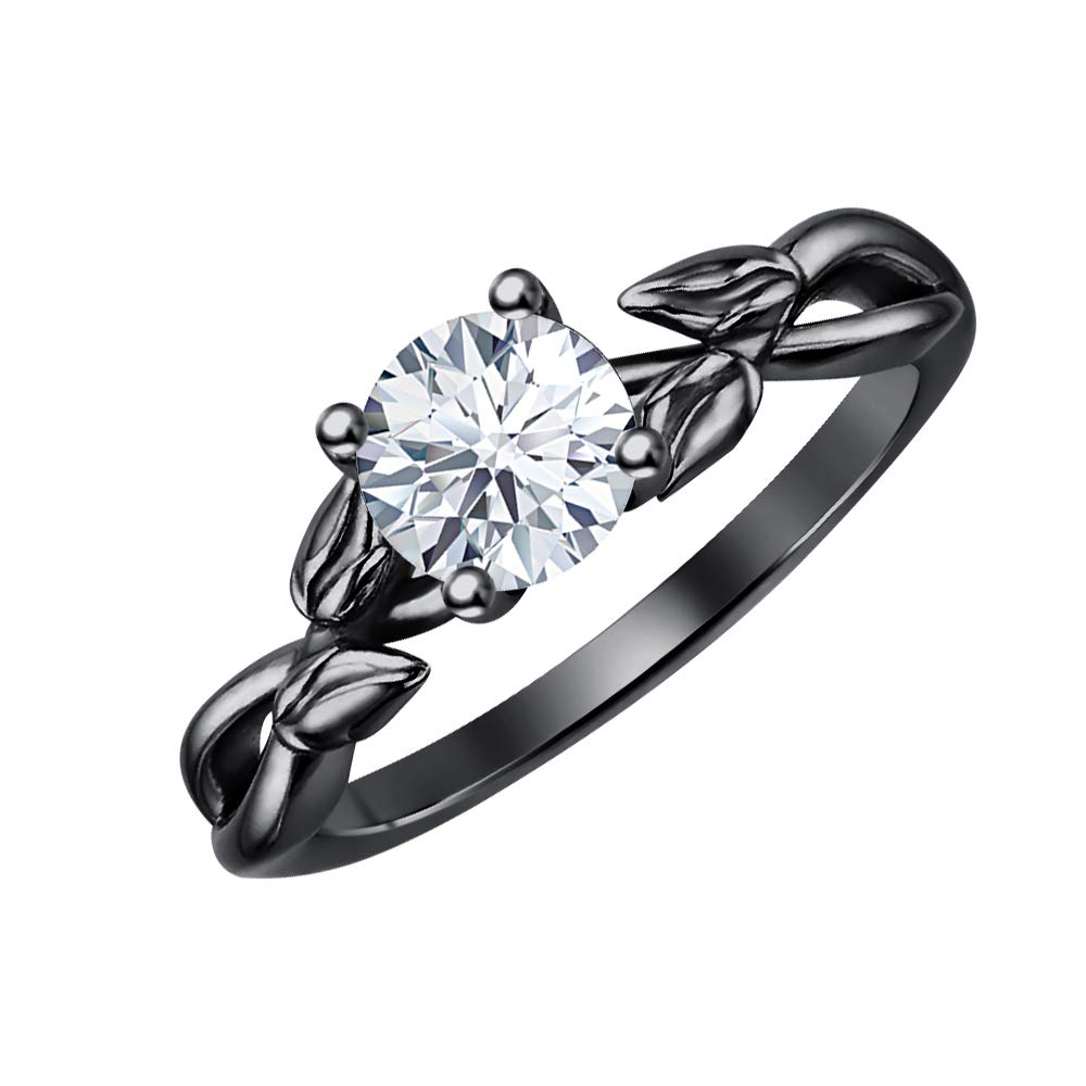 SVC-JEWELS 14K Black Gold Plated 2ct Round Cut White Diamond Leaf Solitaire Engagement Ring For Womens.