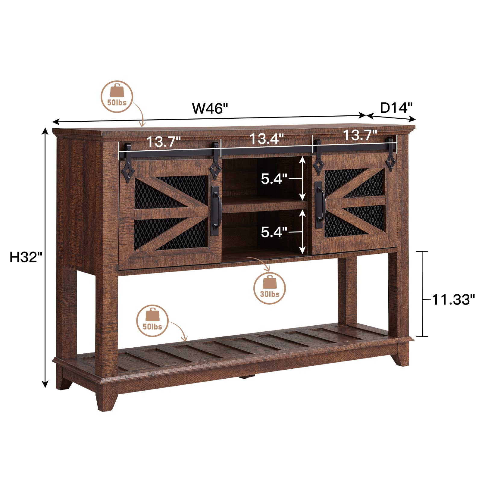 OKD Entryway Table w/Sliding Barn Doors, 46'' Farmhouse & Industrial Console Table with Storage, Rustic Sofa Table w/Adjustable Shelf & Open Shelf for Entryway, Hallway, Livingroom, Reclaimed Barnwood