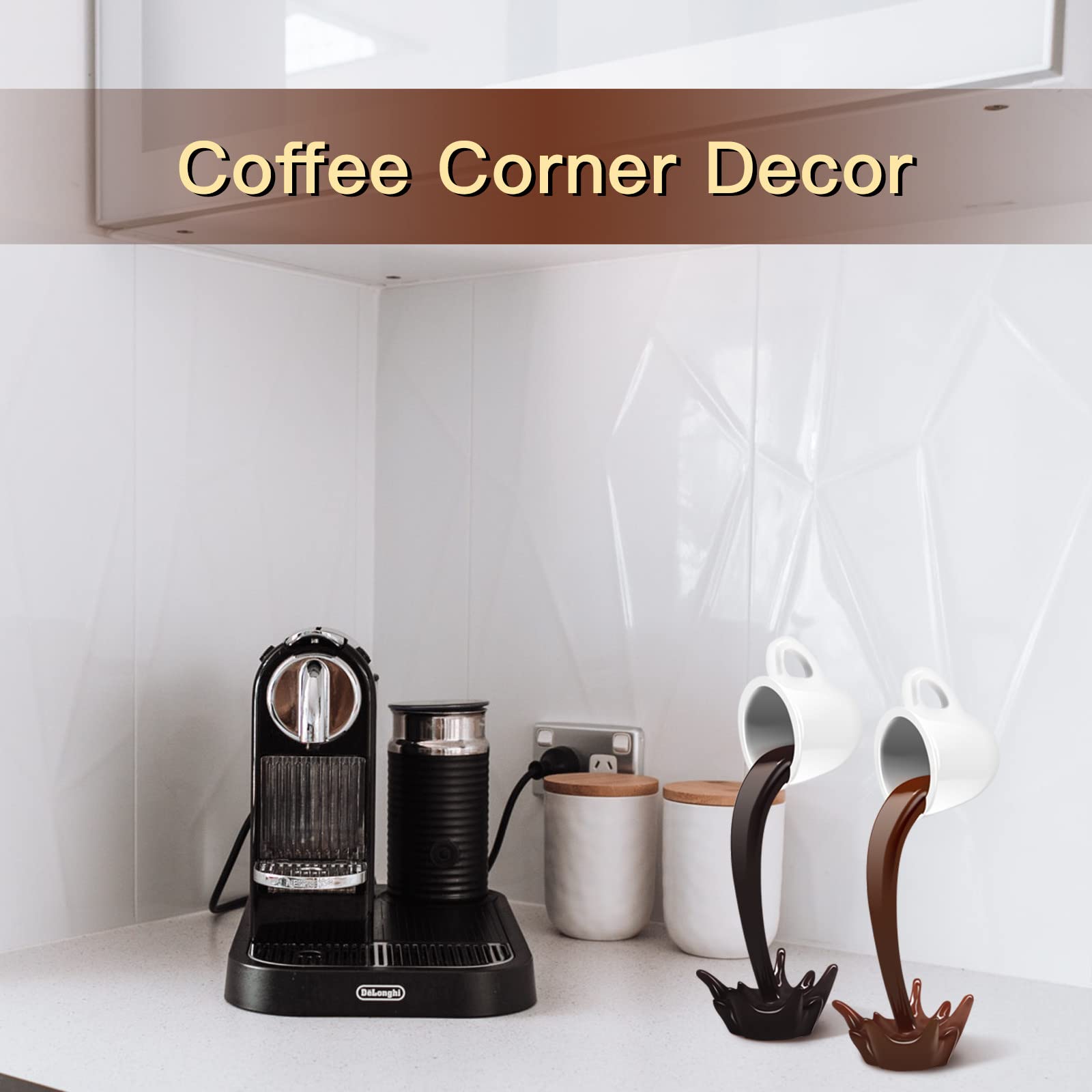 WEBBYBEAR Floating Coffee Cup Sculpture, 2 Pieces 8.7 in Magic Pouring Spilling Splash Coffee Mugs, Funny Resin Coffee Mug Decorations for Cafe or Kitchen (Brown, Black)