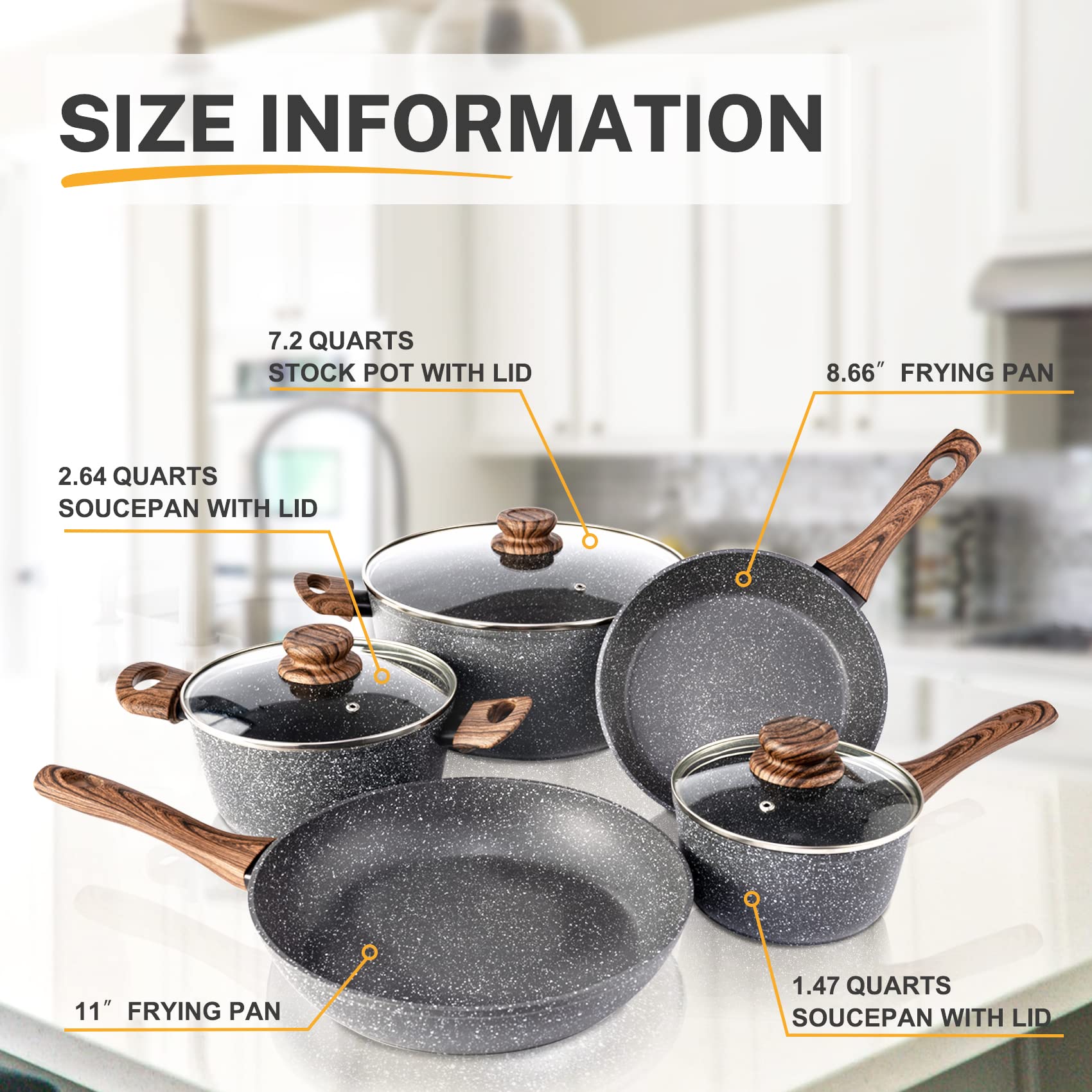 Prikoi Induction Cookware Set, Non Stick Granite Pots and Pans Set for Stove, 8 Pieces,Dishwasher Safe