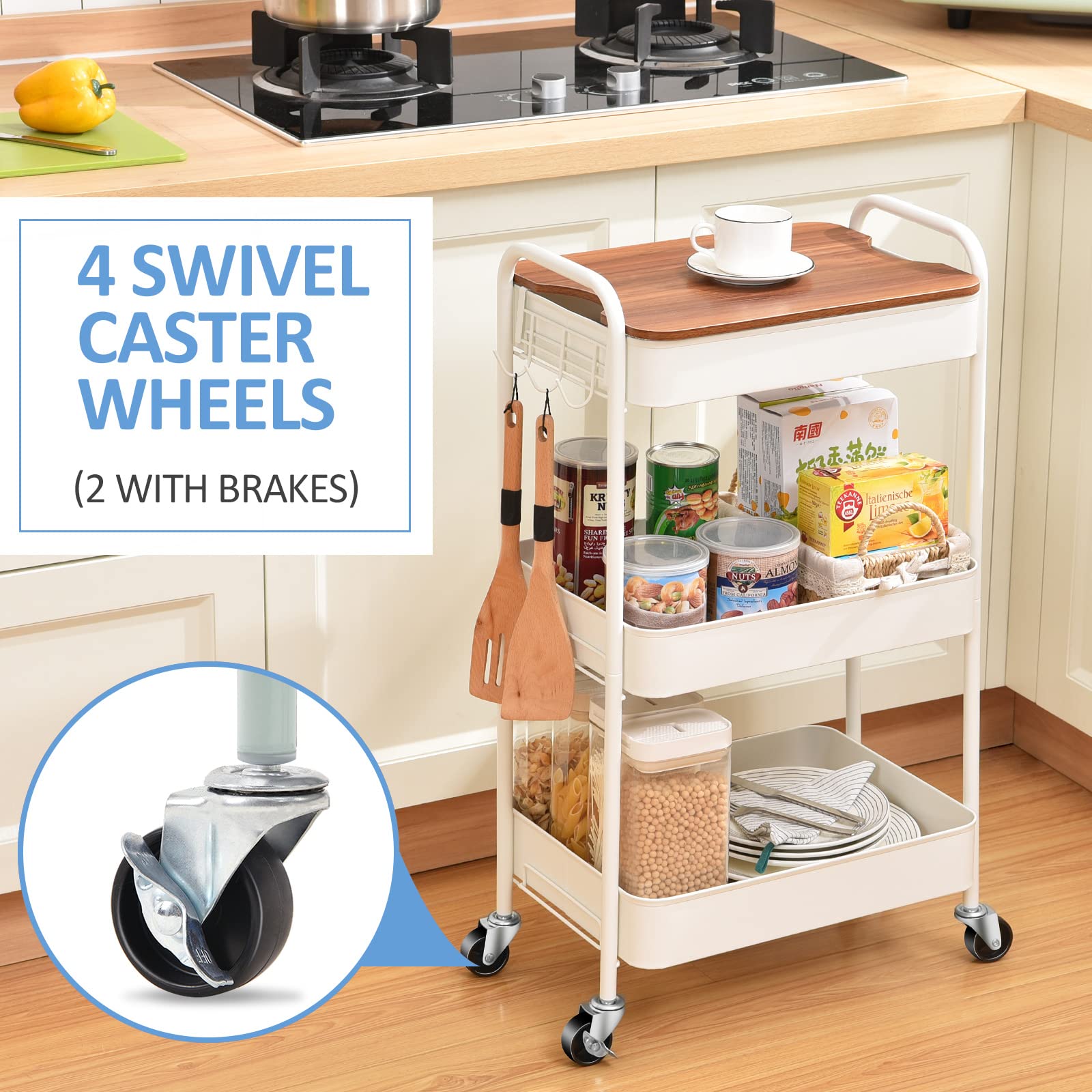 TOOLF 3-Tier Rolling Cart, Metal Utility Cart with Detachable Tray Top, Storage Craft Art Cart Trolley Organizer Serving Cart Easy Assembly for Office, Bathroom, Kitchen, Kids' Room, Classroom