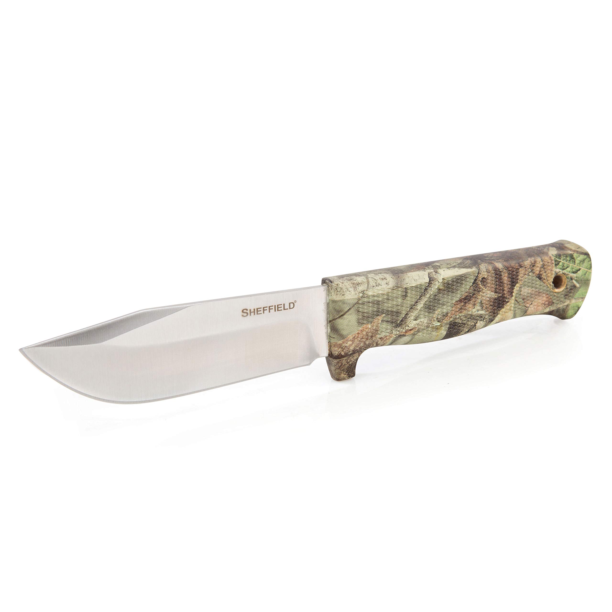 Sheffield 12185 Bax Camo Fixed Blade Hunting Knife with 4.5 Drop Point Blade, Full Tang, Camouflage Slip-Resistant Handle, For Skinning Game, Camping, Defense, & More