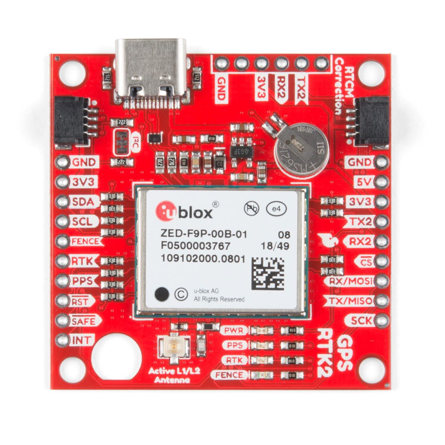 SparkFun GPS-RTK2 Board - ZED-F9P (Qwiic) High-Precision Breakout No Soldering Required Breadboardable Contains a Rechargeable Backup Battery Allowing a Warm-Start decreasing time-to-First-fix