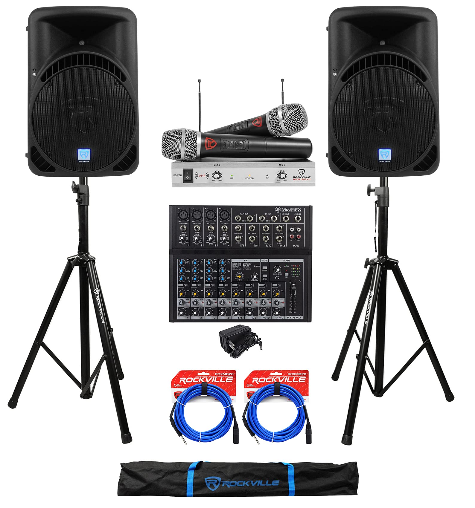 Rockville RPG15BT V2 15" Powered 1000W Speaker Bundle with & RCXMB20B 20' XLR to 1/4'' TRS Cable & (2) Speaker Stands & Rockville RWM1202VH Handheld Microphone & Mackie Mix12FX Compact Mixer (5 Item)