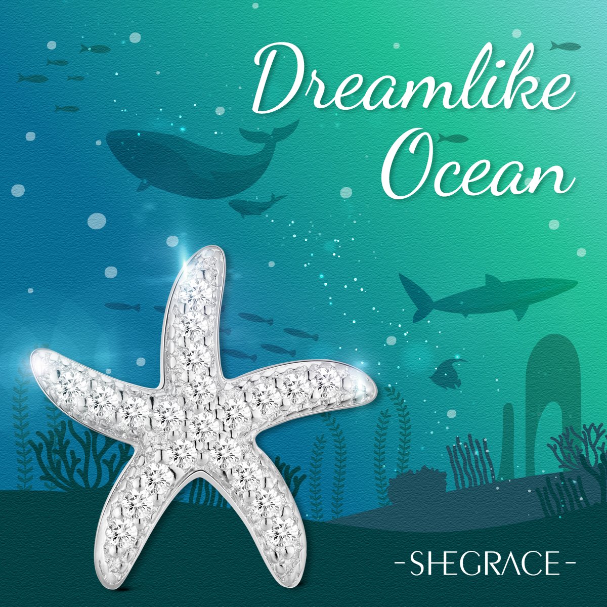 SHEGRACE S925 Sea Star Studs Sterling Silver Earrings Micro Pave AAA Zircon Starfish Earrings(Silver)