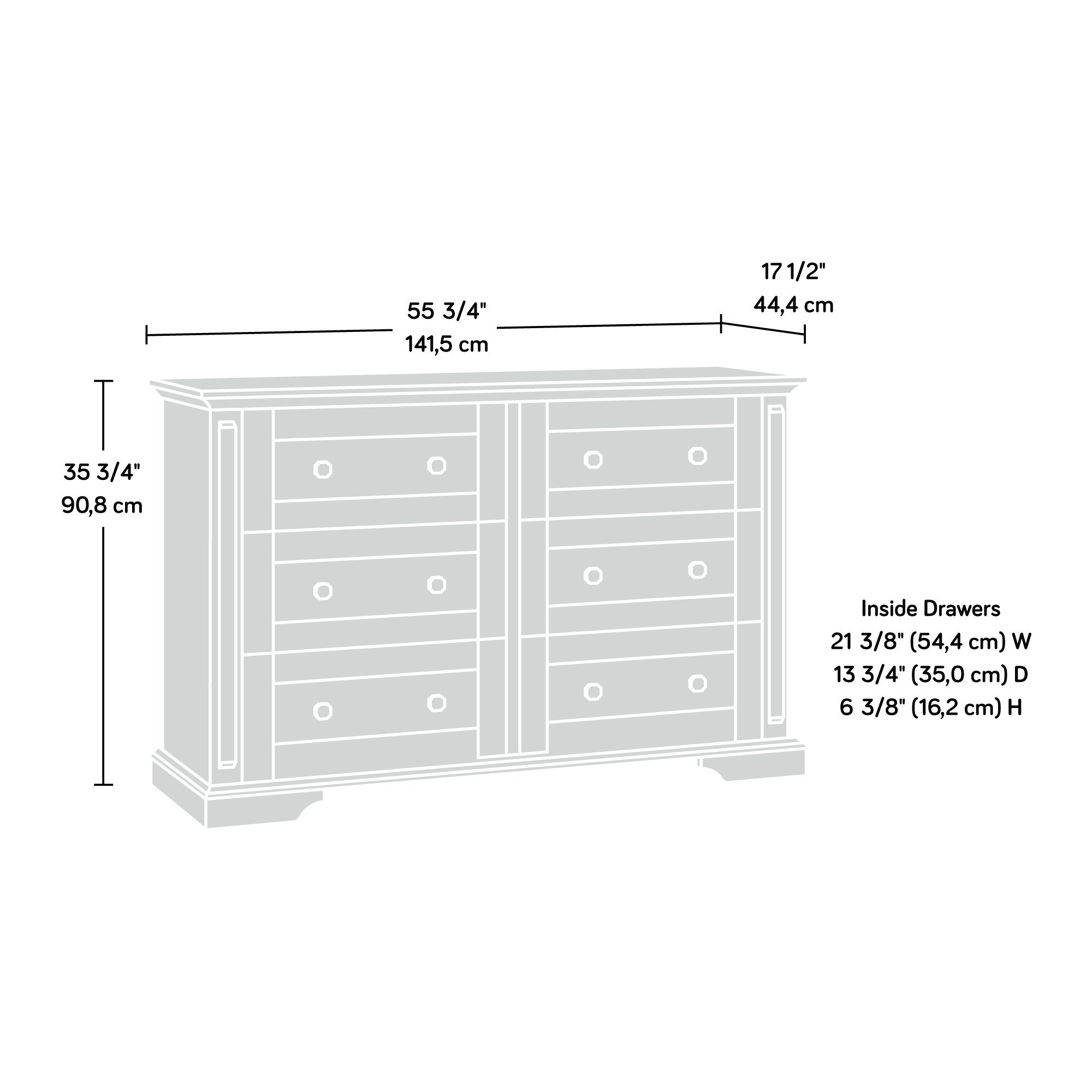 Sauder New Grange Dresser, L: 55.75" x W: 17.09" x H: 35.75", Vintage Oak Finish