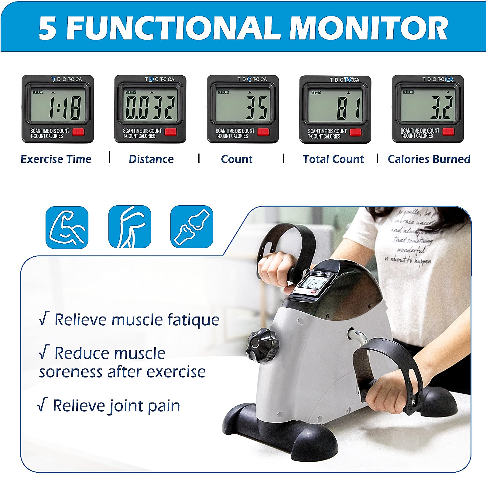 Under Desk Bike Pedal Exerciser - TABEKE Mini Exercise Bike for Arm/Leg Exercise, Pedal Exerciser for Seniors with LCD Display Silver Grey