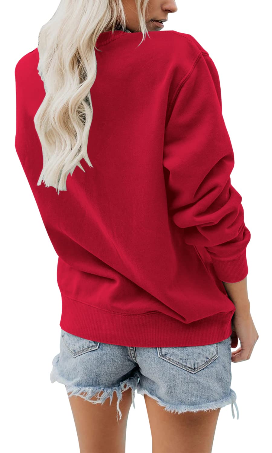 Womens Casual Crewneck Sweatshirts Long Sleeve Loose Fit Soft Pullover Tops Red