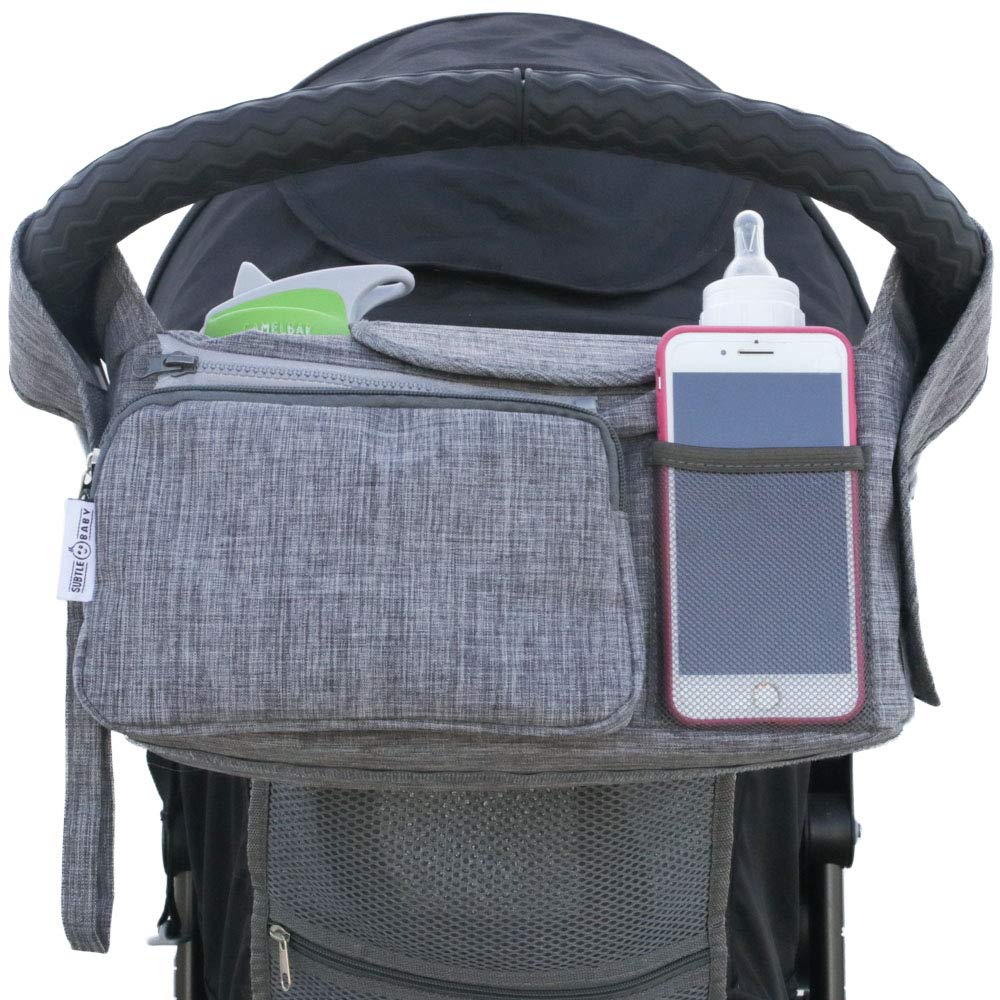 Stroller Organizer Bag by Subtle Baby - Insulated Cup Holders, Caddy, Large Mesh Pocket, and Storage for Bottles, Toys, Phone, Book, Diapers, Wipes - Fits City, Jogger, Double, Umbrella Strollers