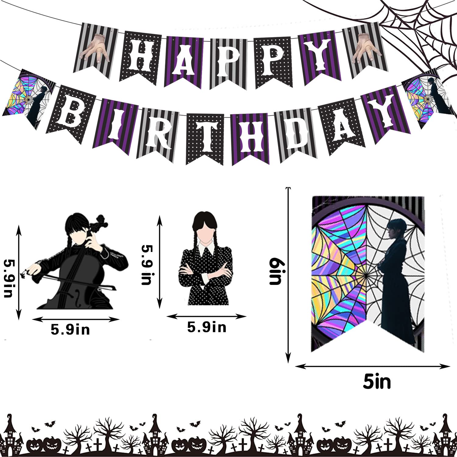 Wednesday Birthday Decorations Wednesday Happy Birthday Banner with Hanging Swirls Black and Purple for Kids Birthday Party Decorations Gothic Birthday Banner for Wednesday Party Supplies