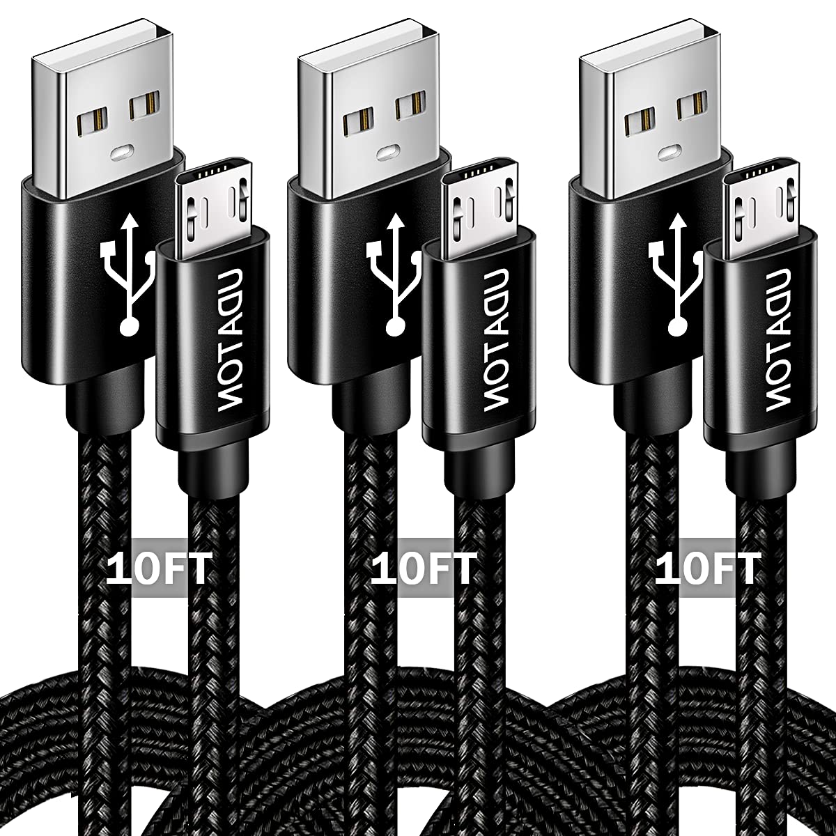 UDATON Micro USB Cable, Android Charger, 3 Pack 10FT Long Nylon Braided Fast Charging Cable Compatible with Samsung Galaxy S7 S6 Edge S6, Android & Windows Smartphones - Black