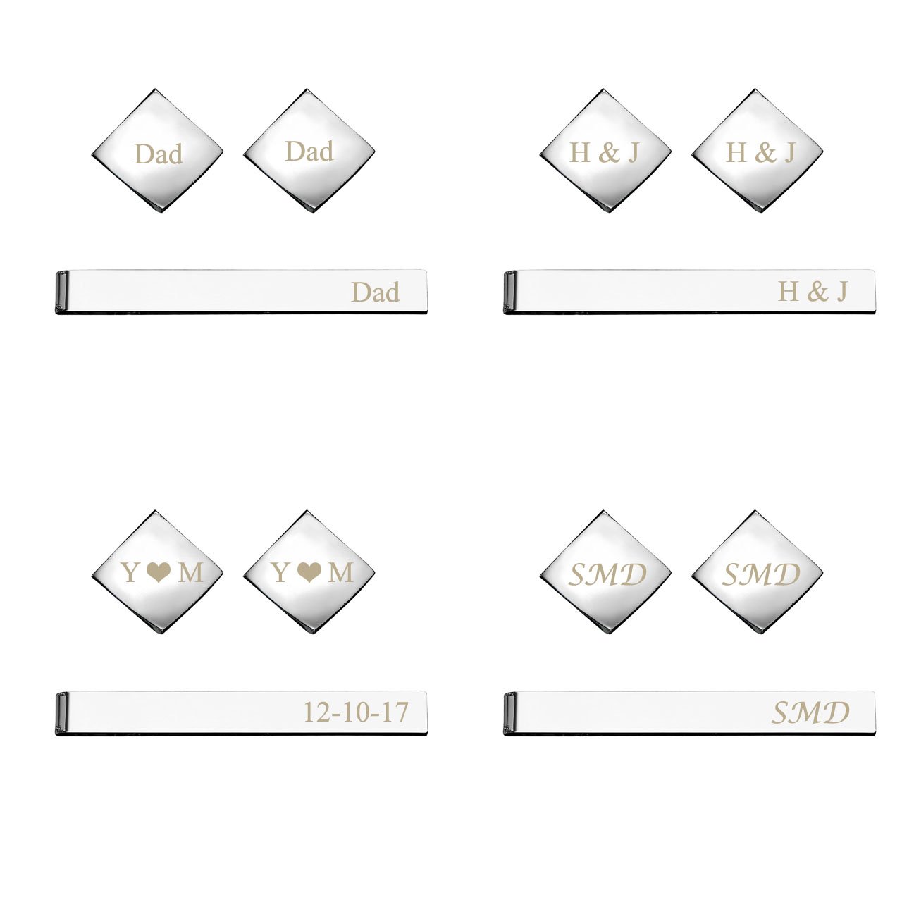 PiercingJ 3pcs Personalized Custom Engrave Name Initial Tie Clip and Cufflinks Set Tie Pins Bar Cuff Link Shirt Studs Set for Father Mens Business Wedding Shirts + Gift Box