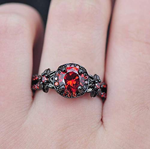 Womens Green Stone Round Lab Stone Engagement Wedding Best Friend Christmas Black Gold Plated Wedding Rings for Her Size 5-11 (Red, 11)