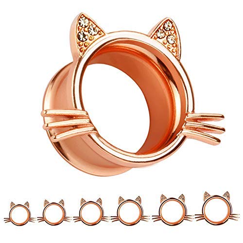 SUPTOP 2pcs Cute Kitty Ear Gauges Plugs And Tunnels for Ear Rose Glod Stretched Ears Size 2g - 1 inch