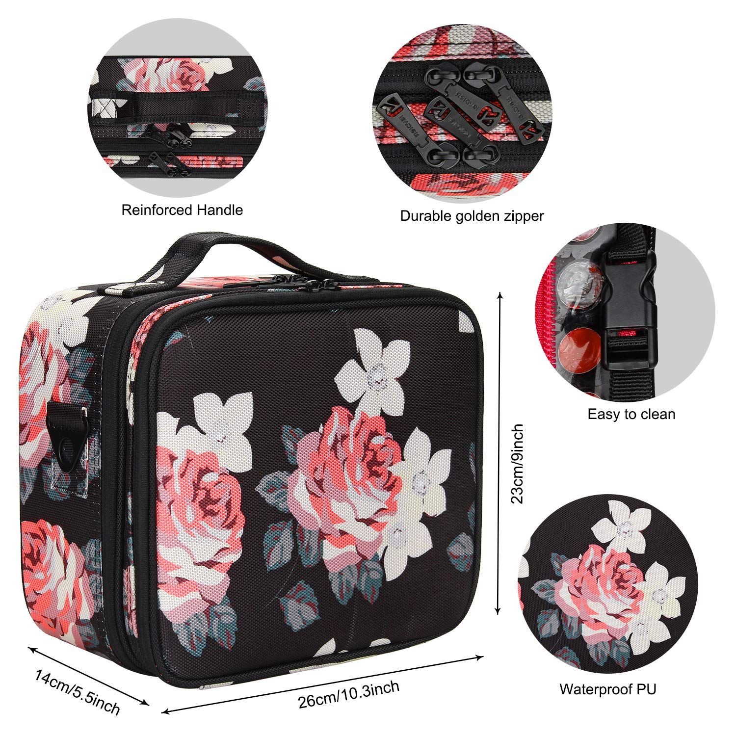 Relavel Travel Makeup Bag 2 Layer Heighten Makeup Train Case Cosmetic Storage and Organizer Box Portable Makeup Carrying Case with Shoulder Strap and Adjustable Dividers (Peony Pattern)