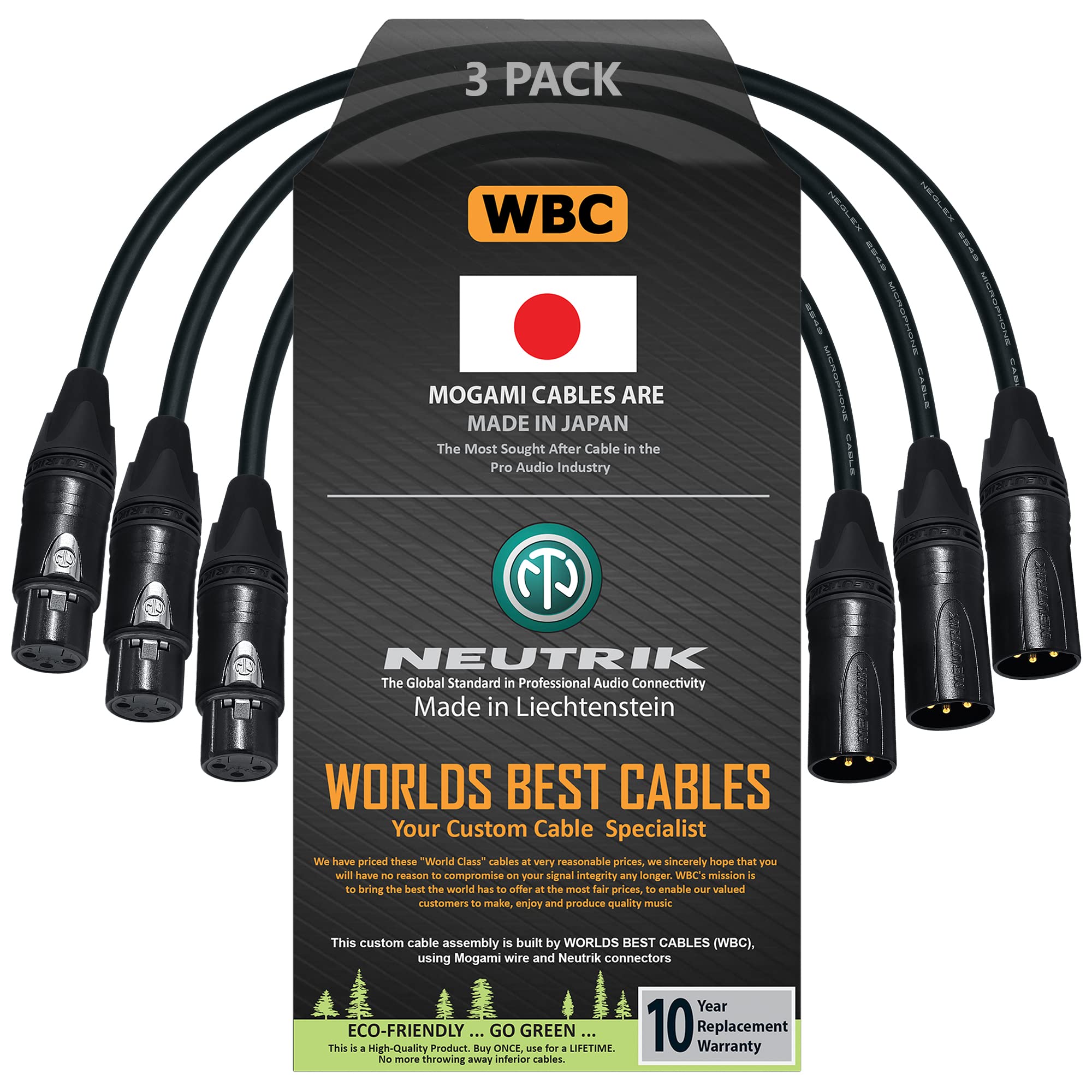 WORLDS BEST CABLES 3 Units - 1 Foot - Balanced Microphone Cable CUSTOM MADE using Mogami 2549 (Black) wire and Neutrik NC3MXX-B & NC3FXX-B Gold XLR Plugs