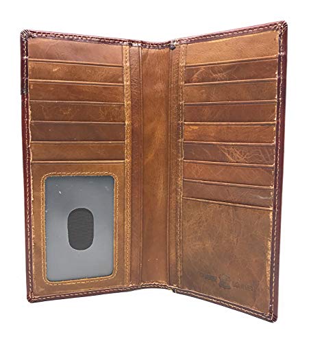 Western Genuine Leather Praying Cowboy Tooled Laser Cut Men's Long Bifold Wallet in 10 colors (Brown/Turquoise)