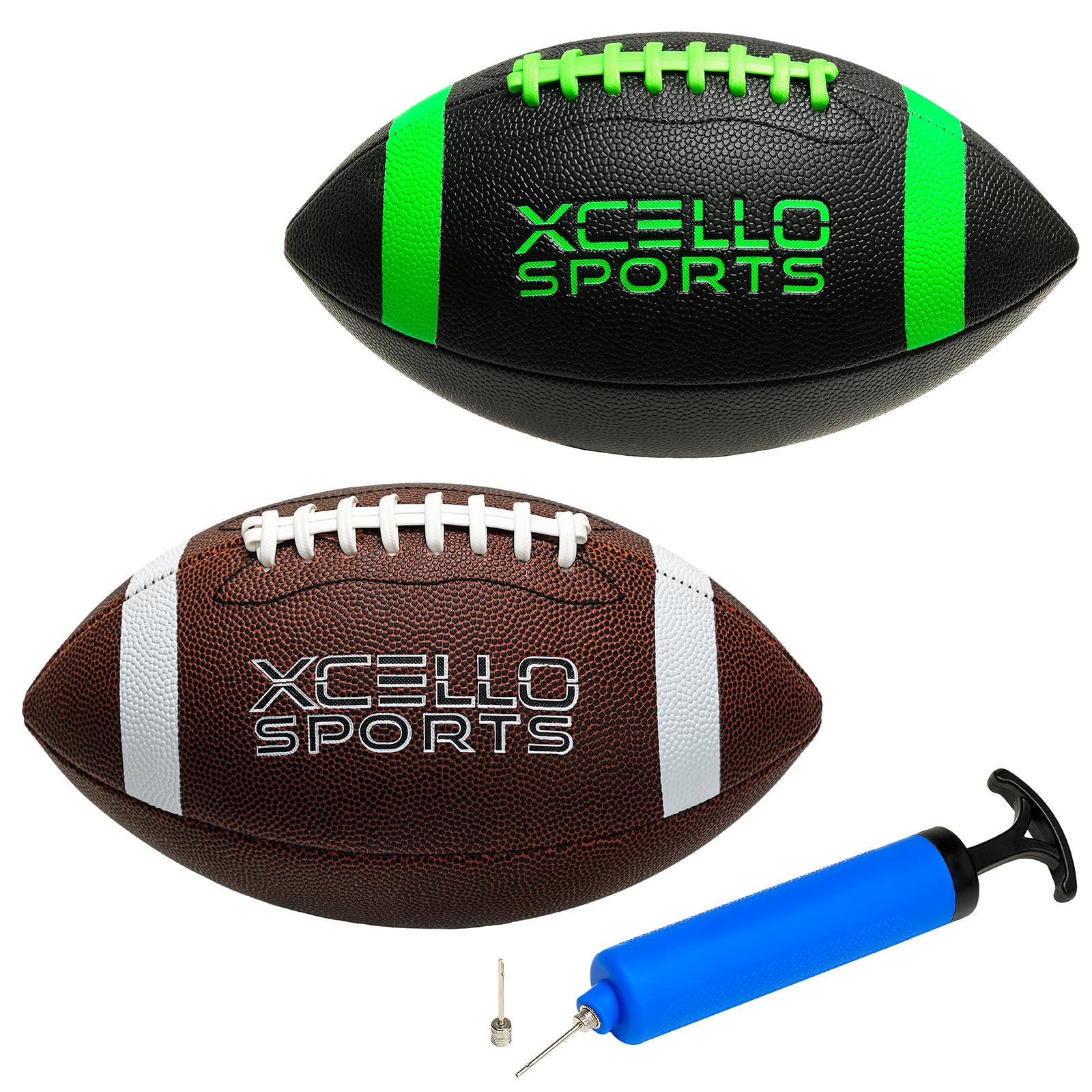 Xcello Sports JR Football Assortment w/Pump (Pack of 2) (Black/Green & Brown/White, Junior - 10")