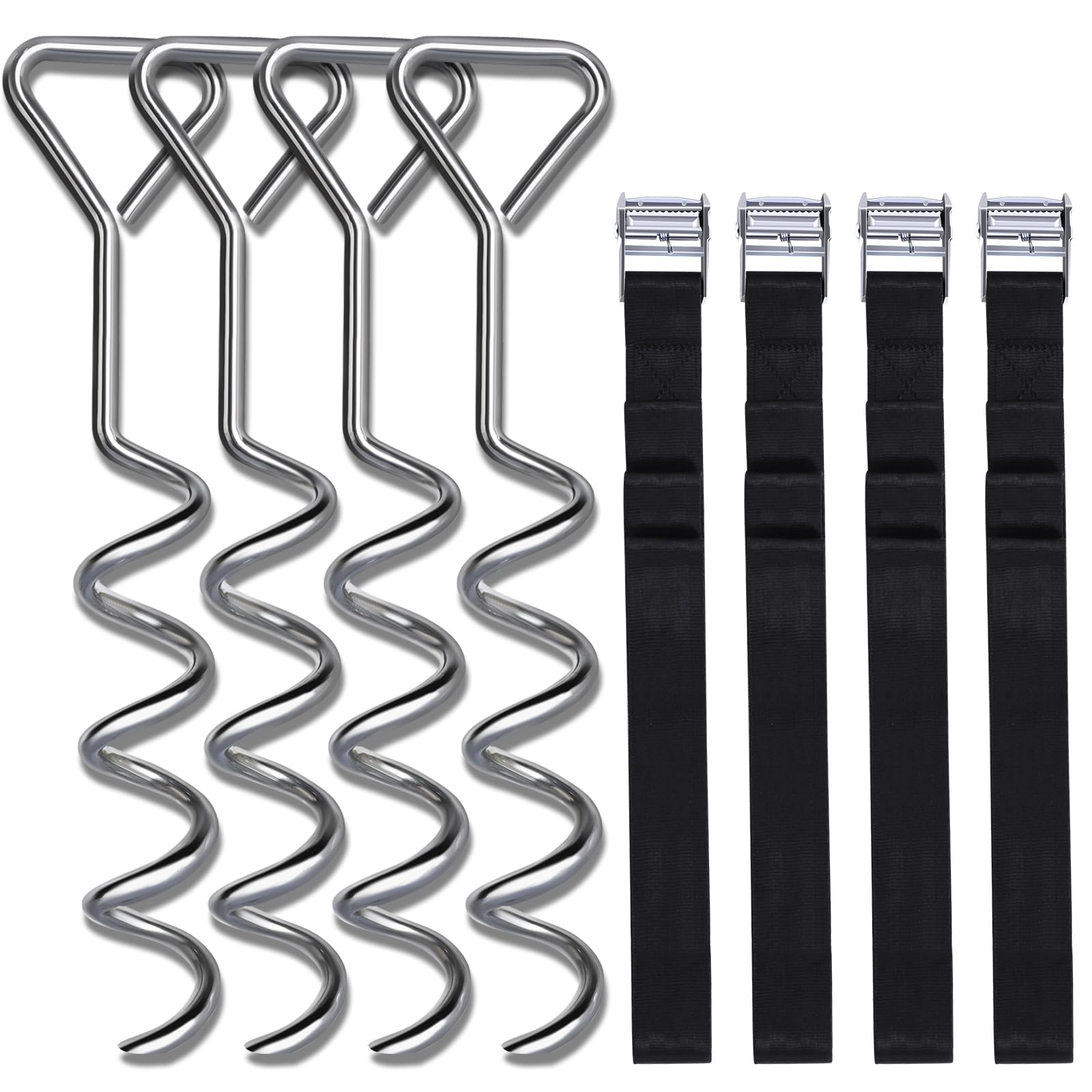 Uekars Trampoline Stakes, Corkscrew Shape Trampoline Anchor kit Steel Spiral Stakes,Heavy Duty Trampoline Parts Tie Down Kit Ground Wind Stake with Belt Straps for Trampolines Tents Swing Set of 4