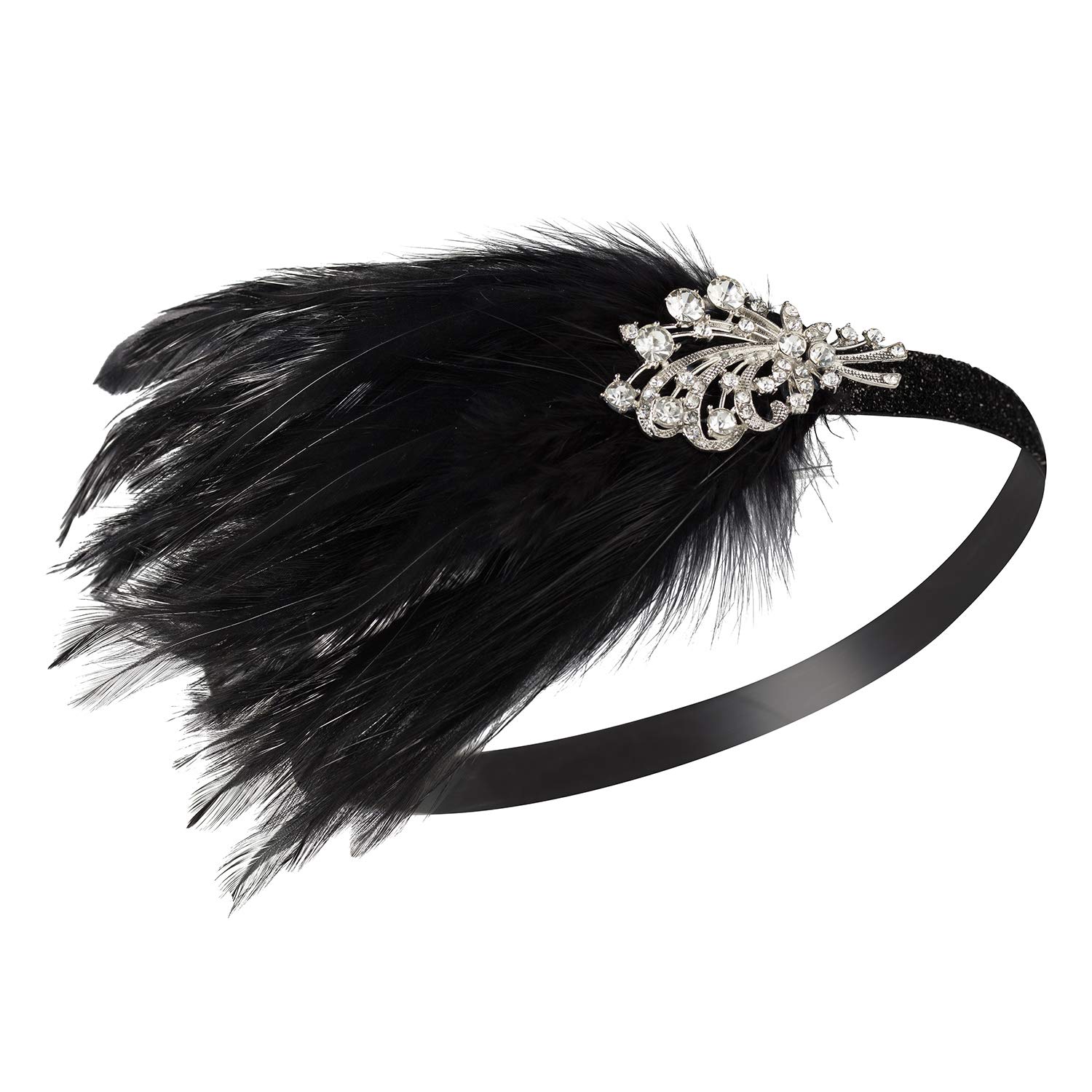 SWEETV 1920s Flapper Headband, Feather Great Gatsby Headpiece, Roaring 20s Vintage Hair Accessories, Black