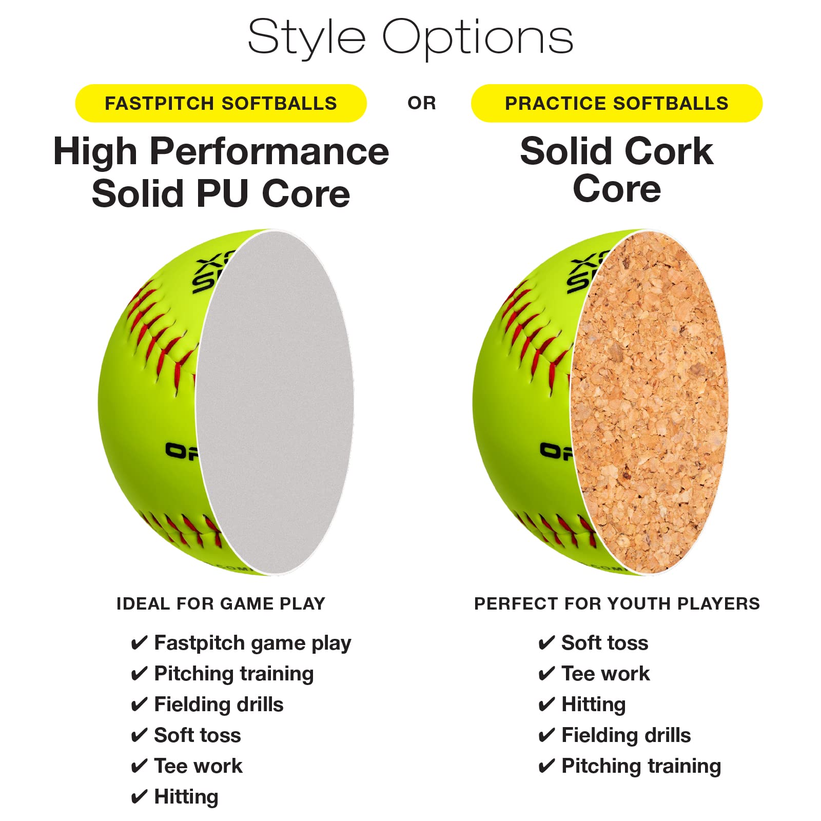 Xcello Sports Official 12" Practice Softball Assortment (Pack of 6)