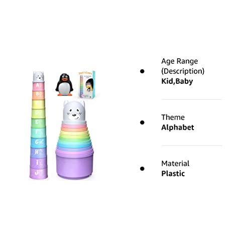 Stacking Cups Toy for Toddler Plus Bonus Squirting Baby Bath Toy & Bear Head Shaker with Numbers, Letters, Patterns, Fun Educational Toys for 6 Months +, 1 2 3 Years