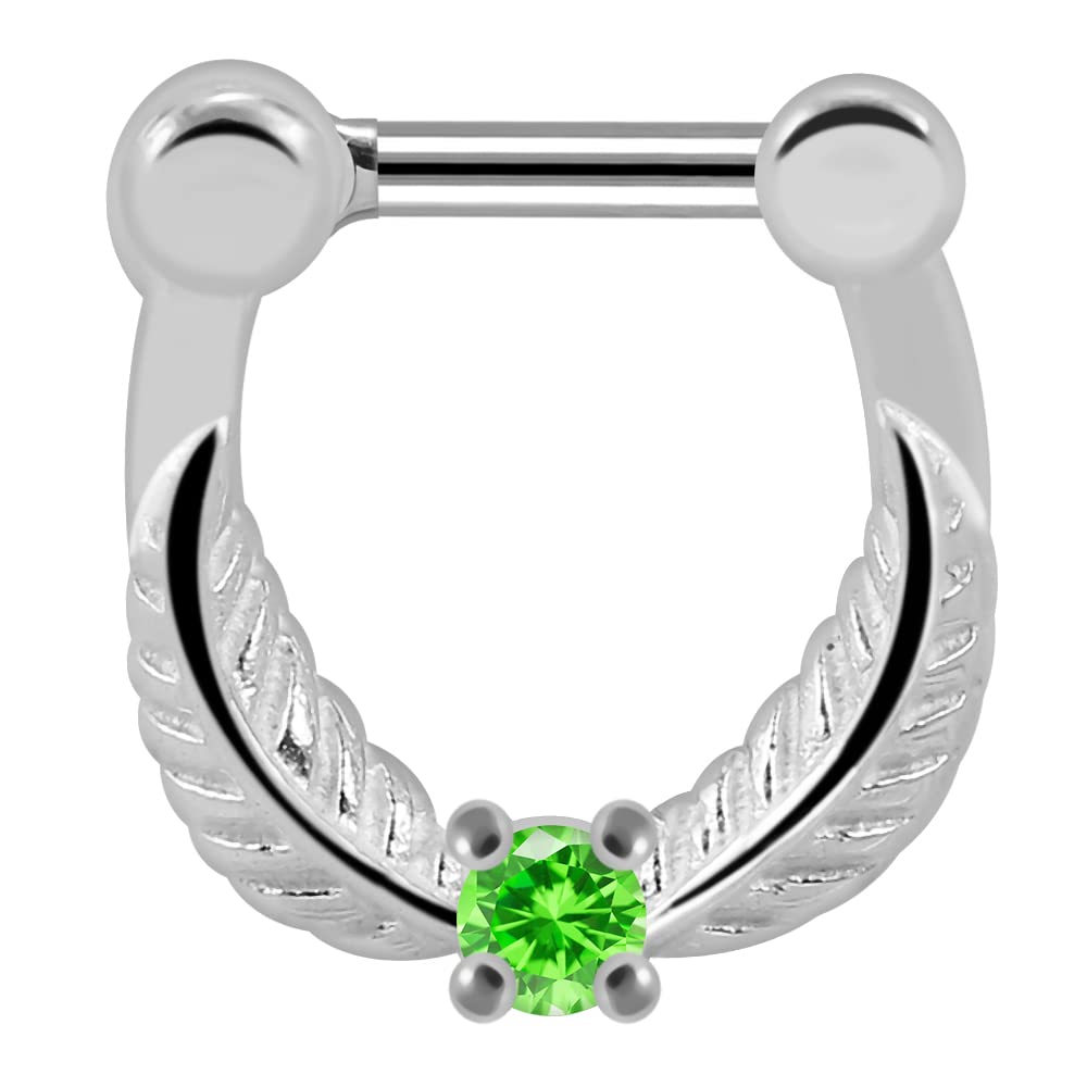 PiercingPoint Light Green Crystal Stone Leaf with Round CZ Stone 16 Gauge Clicker Septum Nose Ring Septum Jewelry
