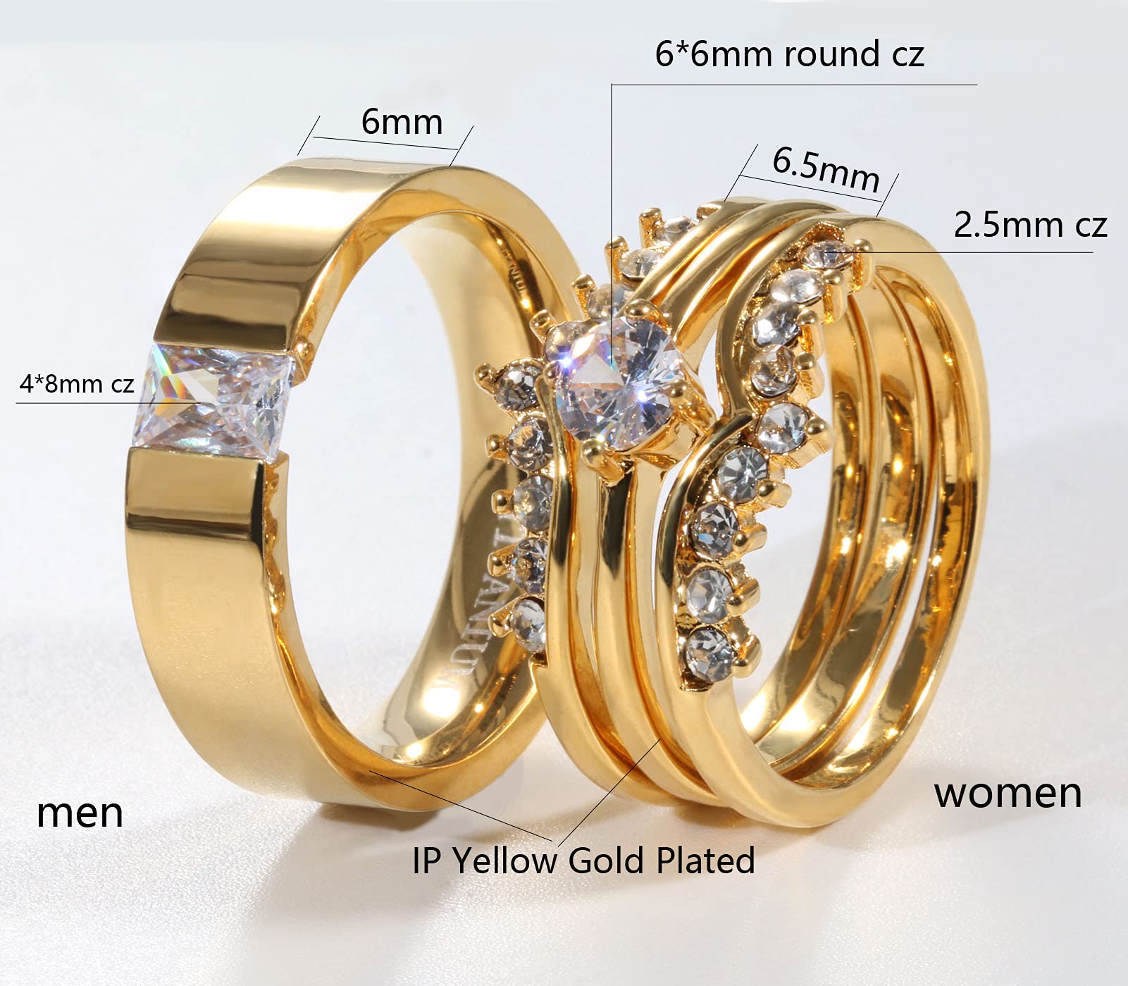 ringheart 2 Rings Couple Rings Three stone Yellow Gold Plated Cz Womens 3pcs Wedding Ring Sets Titanium Steel Men Wedding Bands