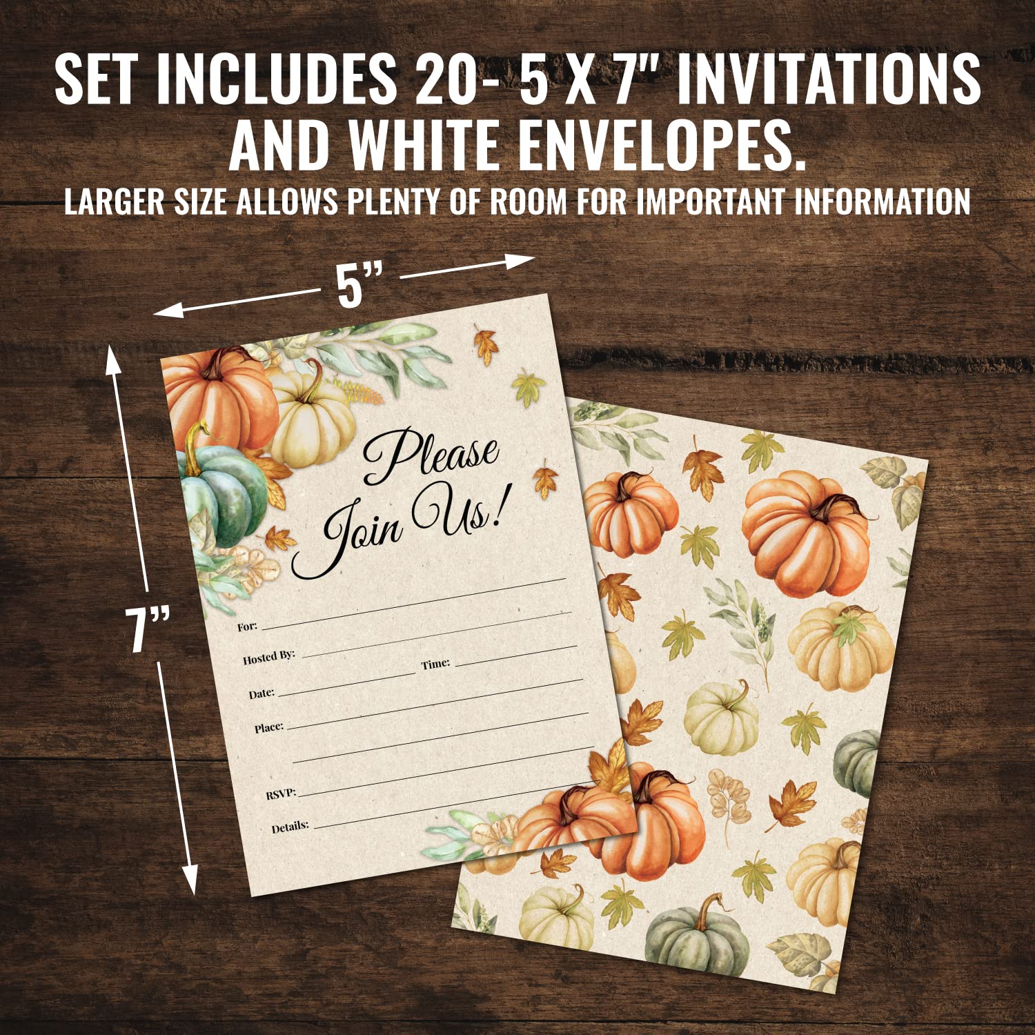 Pink Pixie Studio 20 Fall Party Invitations with Pumpkins & Leaves Thanksgiving, Bridal or Baby Shower, Friendsgiving, Dinner Parties with White Envelopes Made in the USA