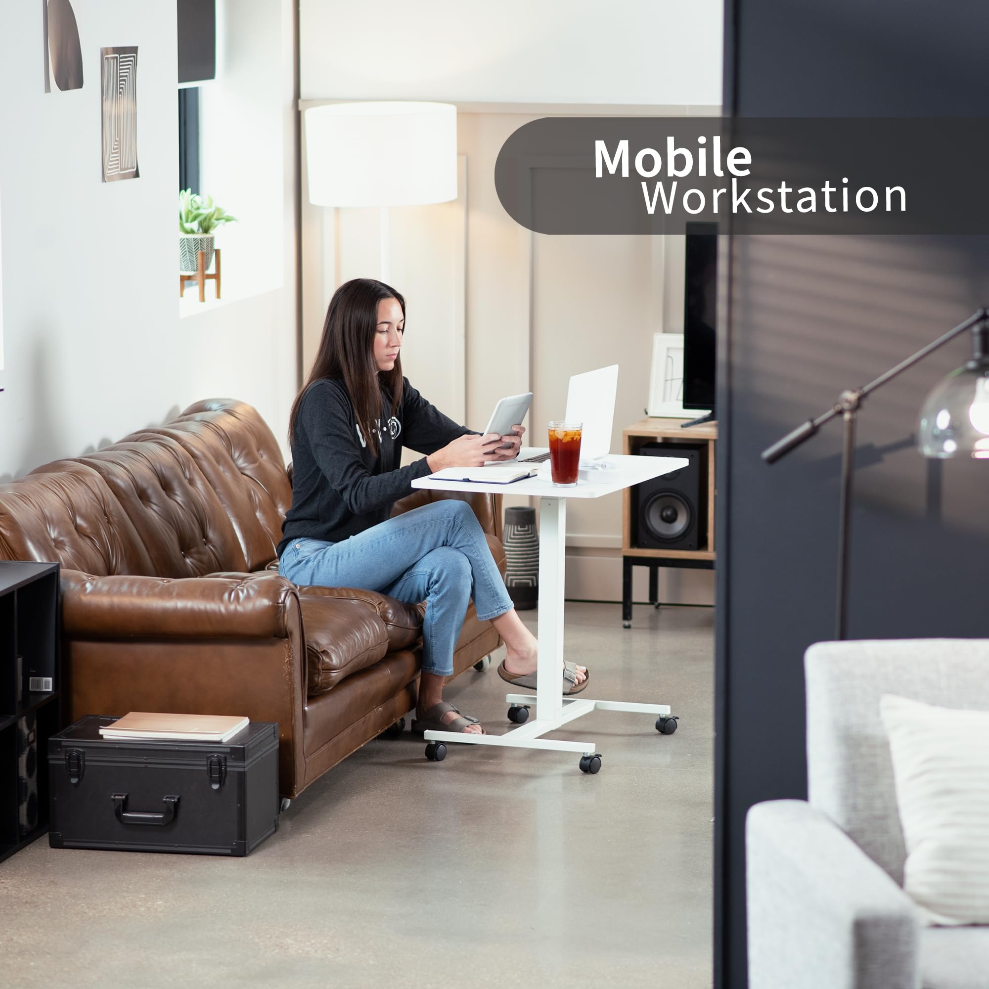 VIVO Mobile Compact 28 inch Pneumatic Lift Sit to Stand Laptop Desk, Rolling Presentation Cart, Height Adjustable Ergonomic Workstation with Locking Wheels, White, CART-V00LW