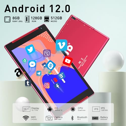 TJD Android 12 Tablet 10.1 Inch Tablets with Stand, 8GB RAM 128GB ROM 512GB Expandable,6000mAh Fast Charge, 8MP Dual Camera, 2.4G/5G WiFi6, IPS HD Touch Screen (Red)