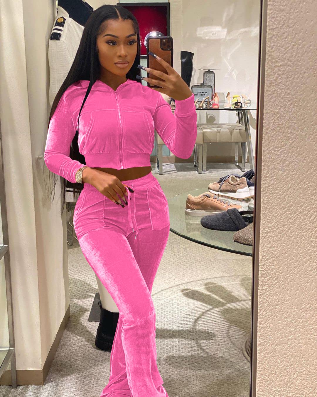 Womens Velour Hoodie Jogger Tracksuit Two Piece Outfits for Women, Long Sleeve Full-Zip Up Crop Tops Jacket Flared Pants Matching Set Sportswear Jogging Sweatsuit Pockets Patchwork Glitter Stripe