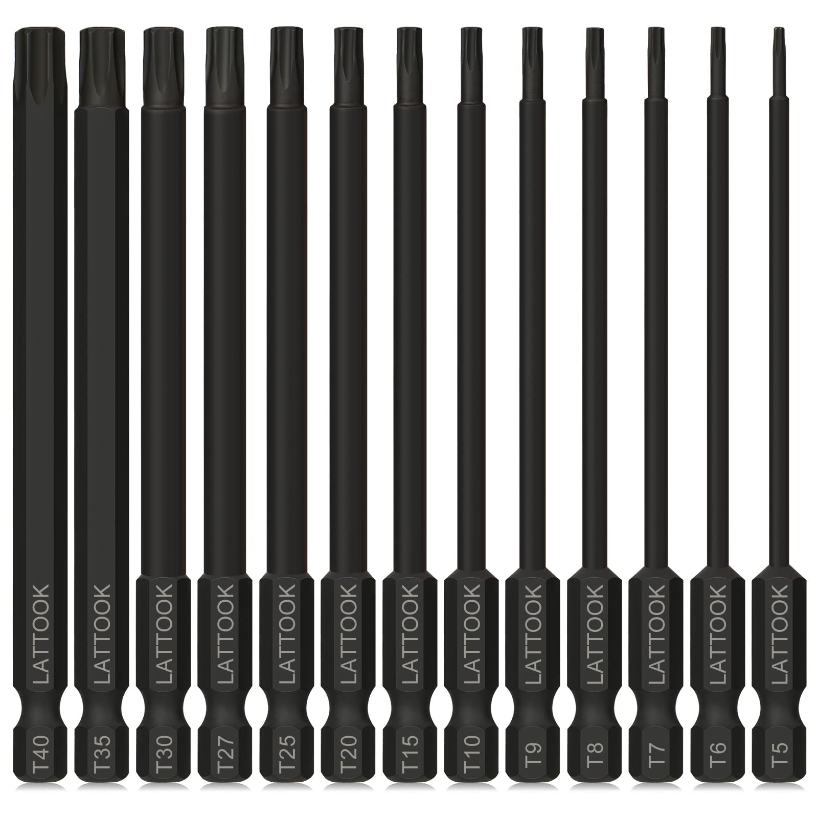 Torx Bit Set, LATTOOK 13-Piece Security Tamper Proof Torx Star Bits Set, Magnetic S2 Steel, 4'' Long, T5 - T40