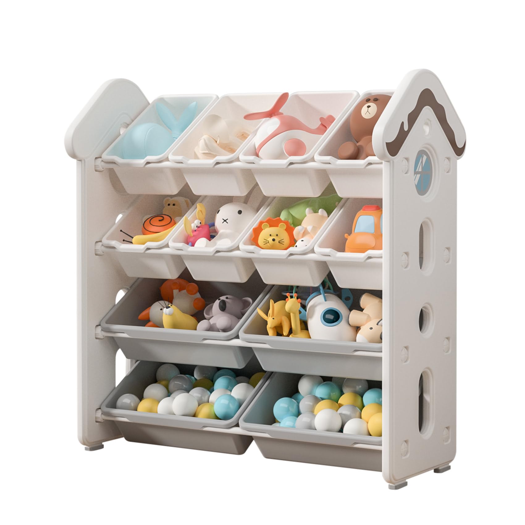 UNICOO Kids 4-Tier Toy Storage Organizer, Toy Organizer Shelf, Fun Candy House Design, Toy Shelves Organizer with 12 Bins, Toy Organizer Rack Durable and Safe HDPE Material