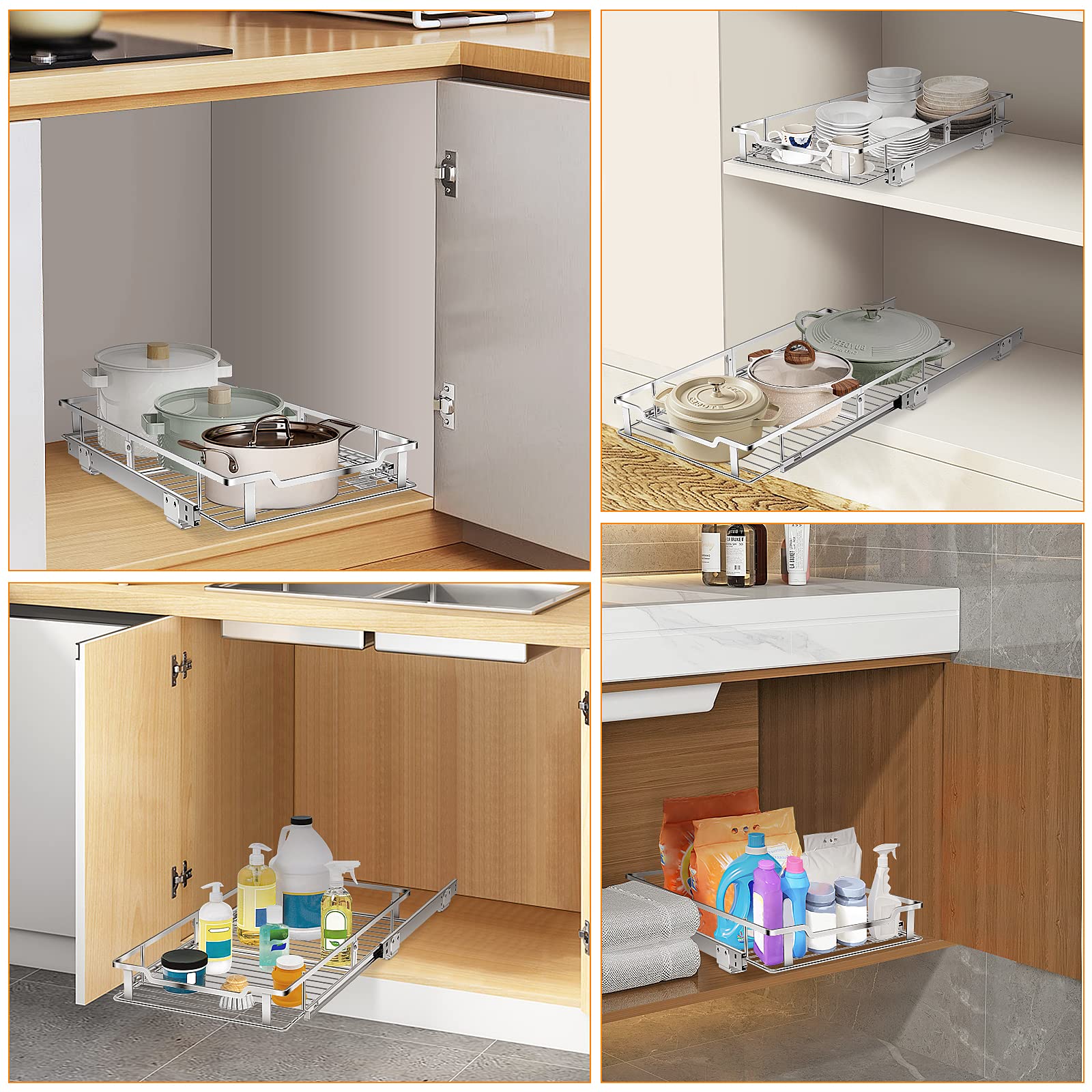 Tksrn Pull Out Cabinet Organizer, Heavy Duty Slide Out Pantry Shelves Sliding Drawer Storage for Kitchen, Bathroom, Home, 12" W x 21" D, Wire Frame, Chrome Finish(Need 13" W and 22" D Cabinet)