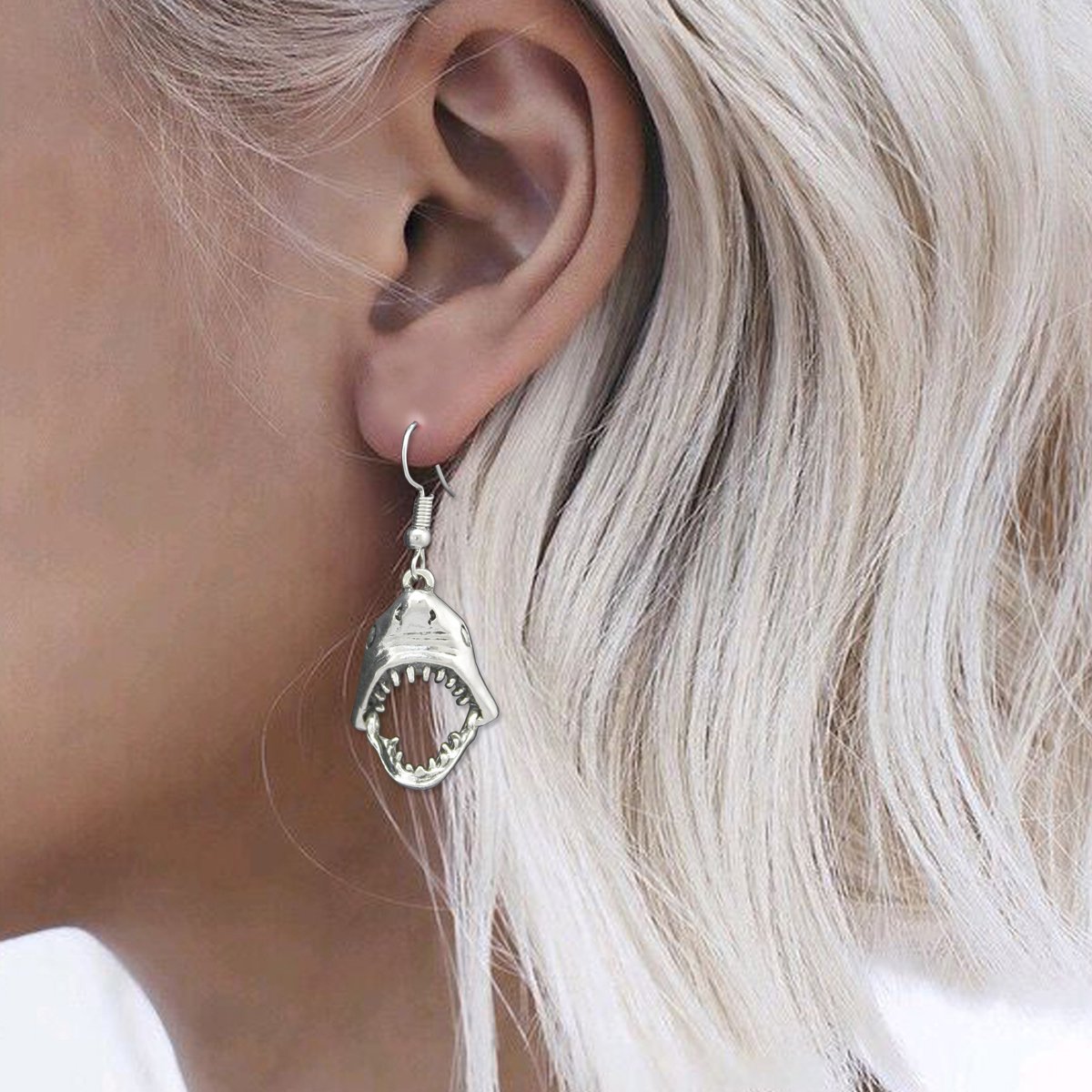 RechicGu Vintage Silver Shark Hinged Moveable Tooth Jaws Skull Hell Demon Mouth Dangle Earrings Fancy Dress