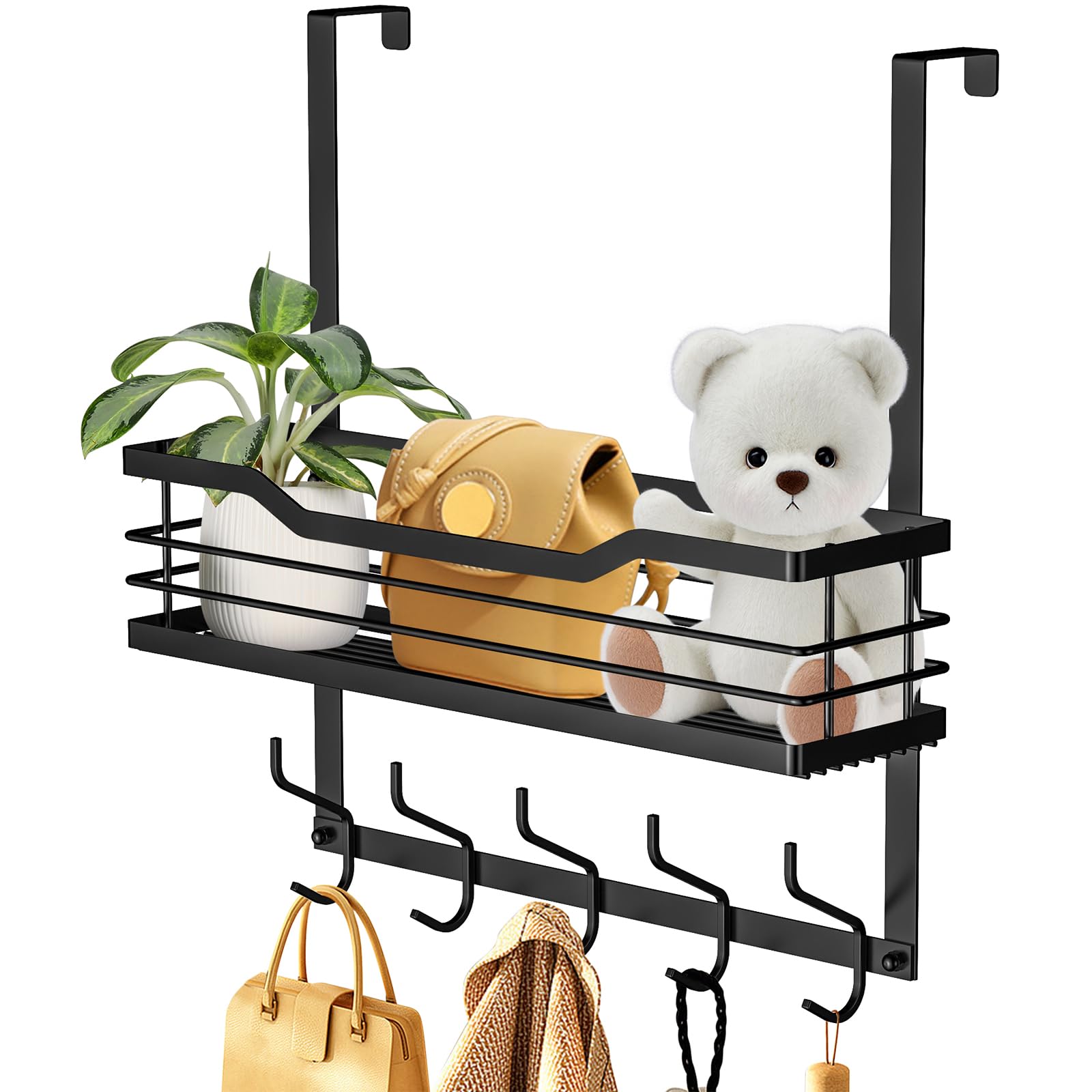 PAPAGIFTREE Over The Door Hooks Organizer (Assembly Required), Over The Door Towel Rack Mesh Basket with 5 Hooks, Over The Door Organizer Towel Rack for Bathroom