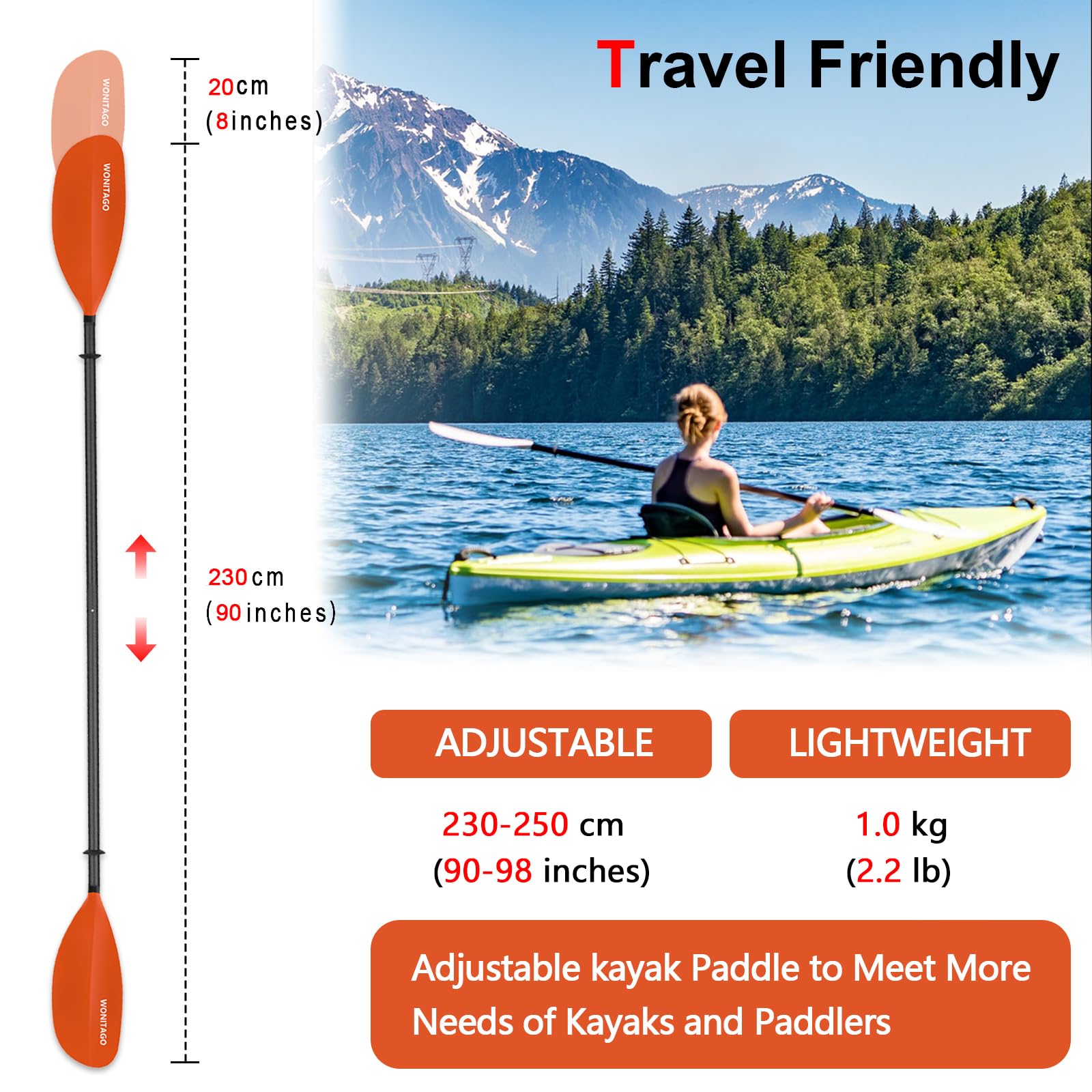 WONITAGO Kayak Paddles Carbon Fiber Shaft Paddle with Nylon Blades, Floating Adjustable Kayaking Oars, 3 Piece, 230-250 cm/90-98 Inches Orange