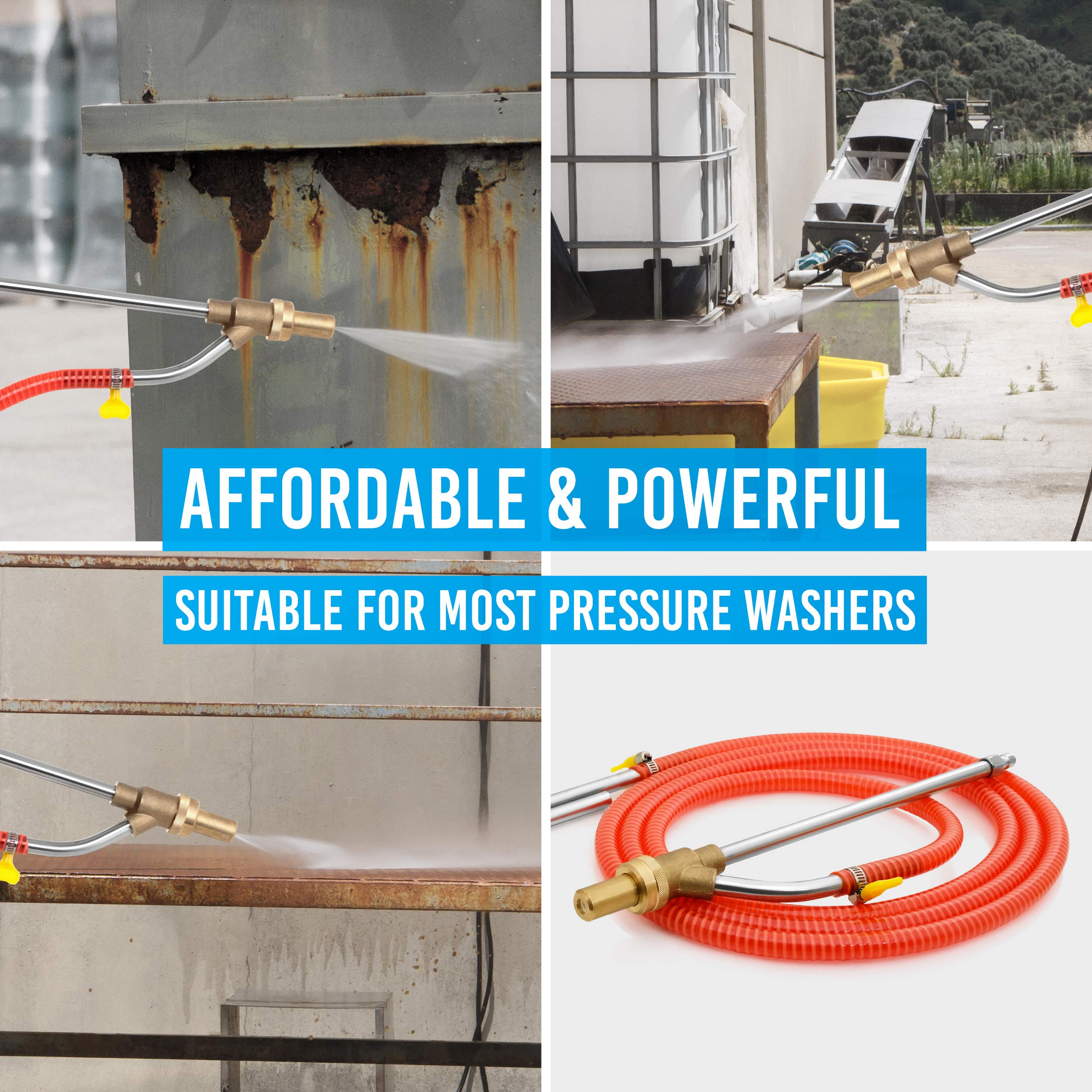 Sand Blaster For Pressure Washer - Wet Sandblasting Kit For Pressure Washer With Sand Blasting Nozzle Attachment, Hose, Sandblaster Wand, And Clamps Or Wet Media. Up To 5000 PSI. ¼” Quick Disconnect