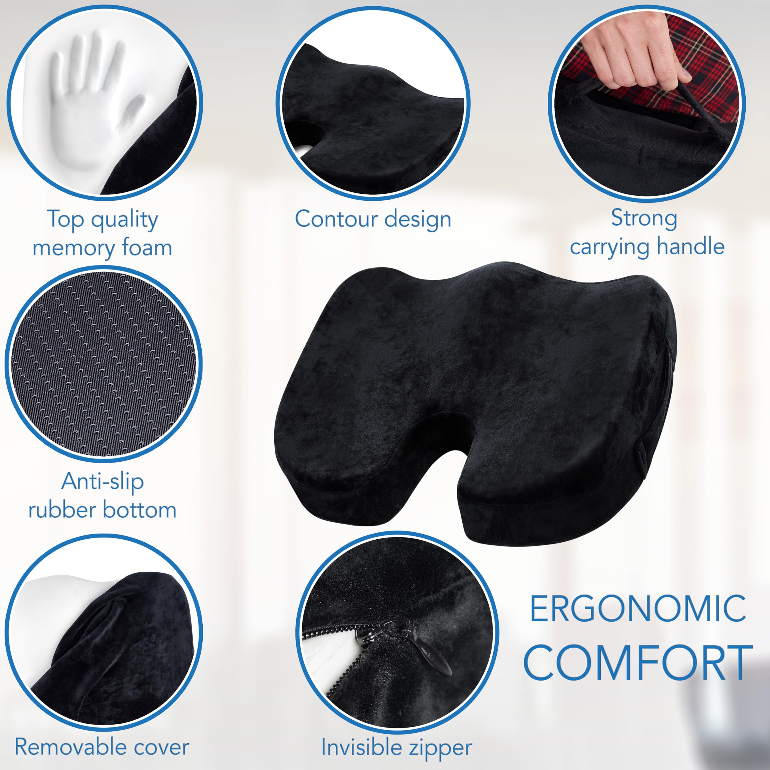 TheComfortZone Seat Cushion for Office Chair Memory Foam Coccyx Cushion Butt Pillow for Sciatica Tailbone & Back Pain Relief Long Sitting Office Desk Gaming Chair Car Seat Cushion Driving-Black