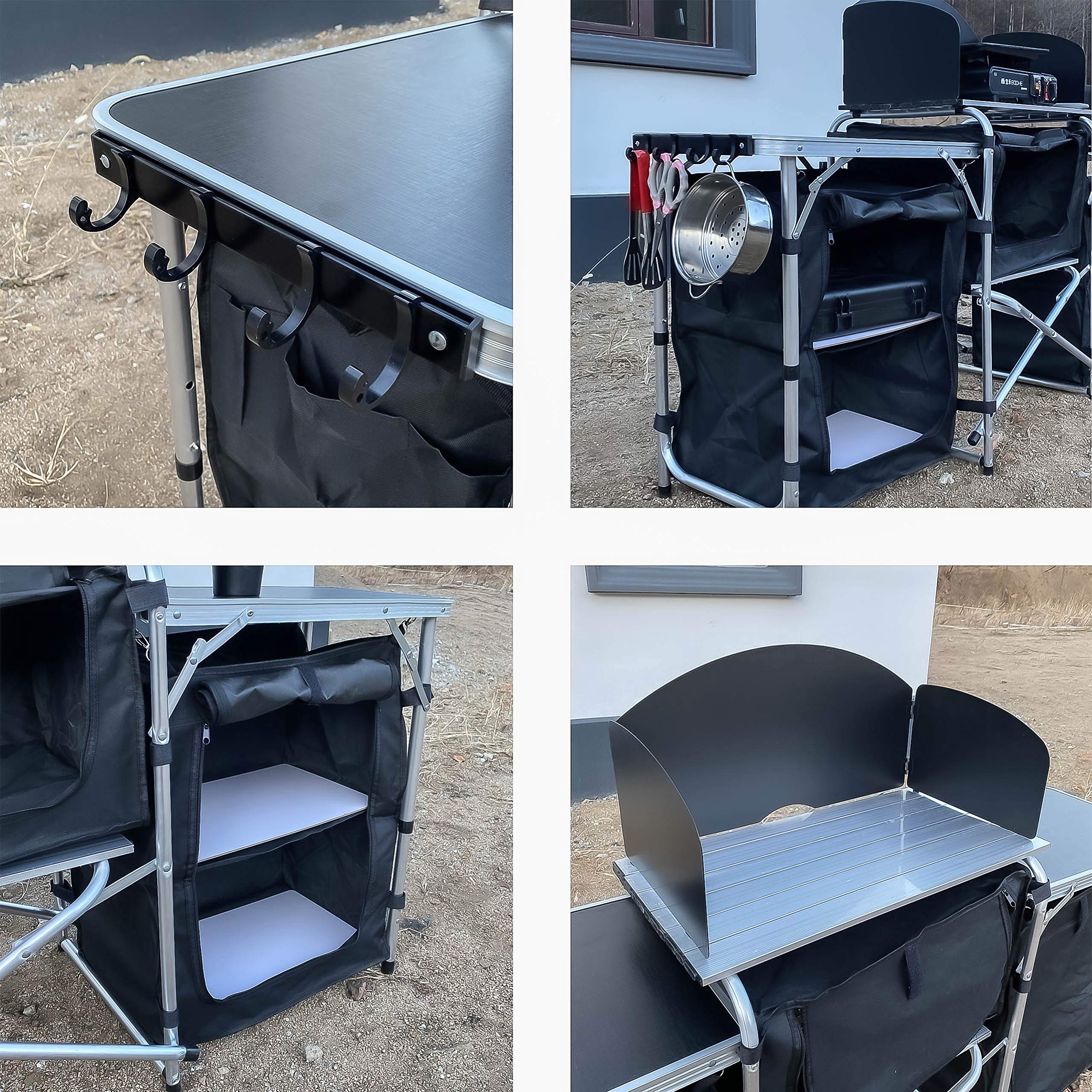 UILB 2021 Upgrade Multifunctional Camping Table with 3 Storage Organizer, Aluminum Windscreen Folding Cooking Table Easy-to-Clean Outdoor Cooking Folding Table
