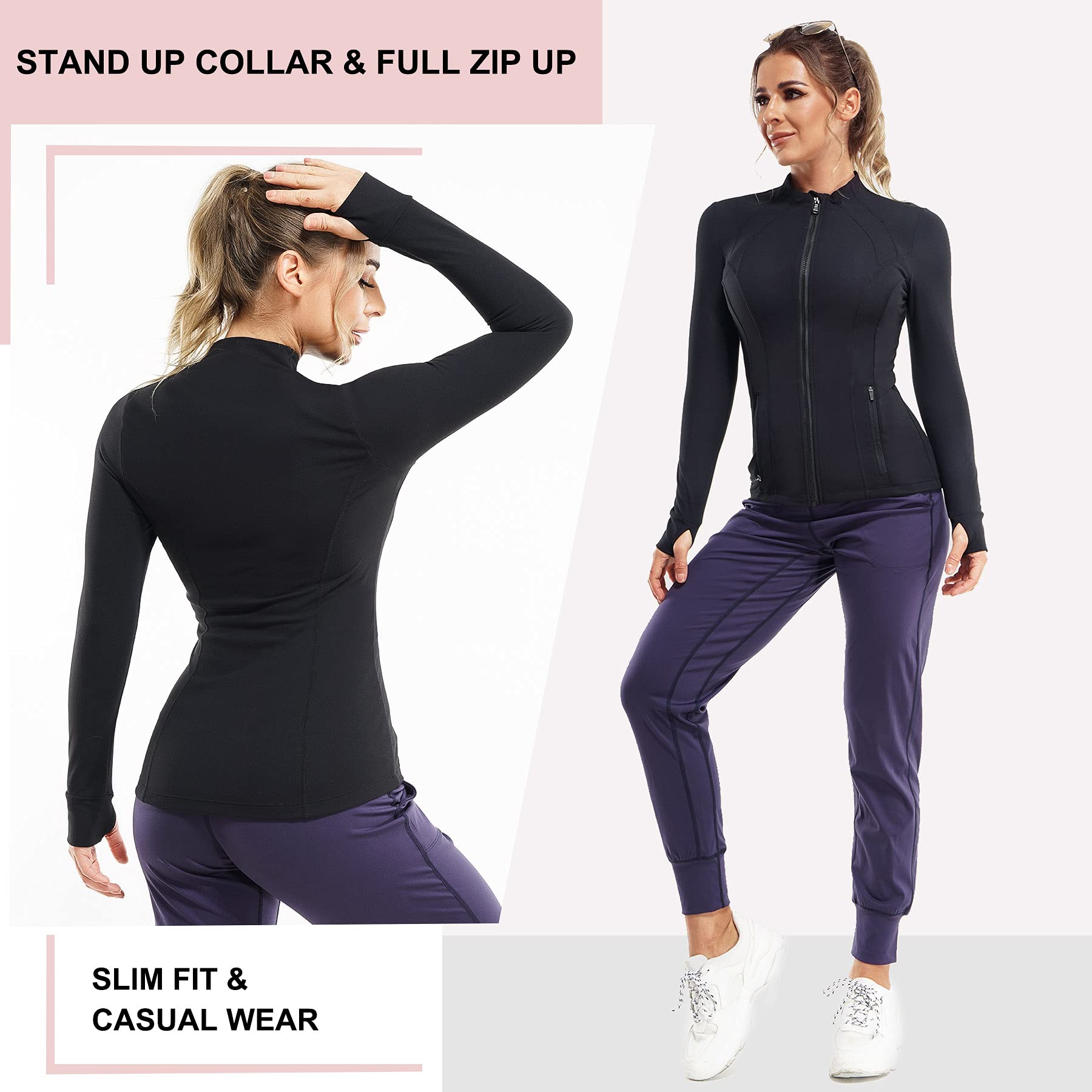 TrainingGirl Women's Sports Jacket Full Zip Workout Running Jacket Slim Fit Long Sleeve Yoga Track Jacket with Thumb Holes (Black, Small, s)